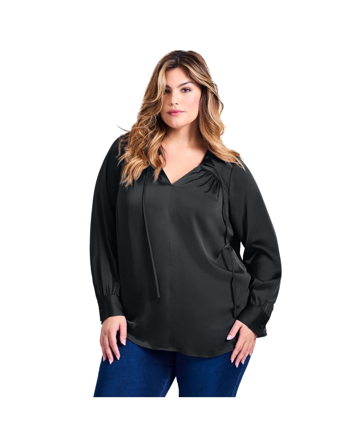 Click here for Avenue Womens Marlene Tie Front Satin Blouse - Bla... prices