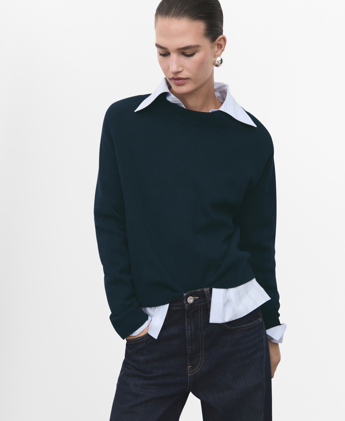 Click here for Mango Womens Knitted Wool Blend Sweater - Navy prices
