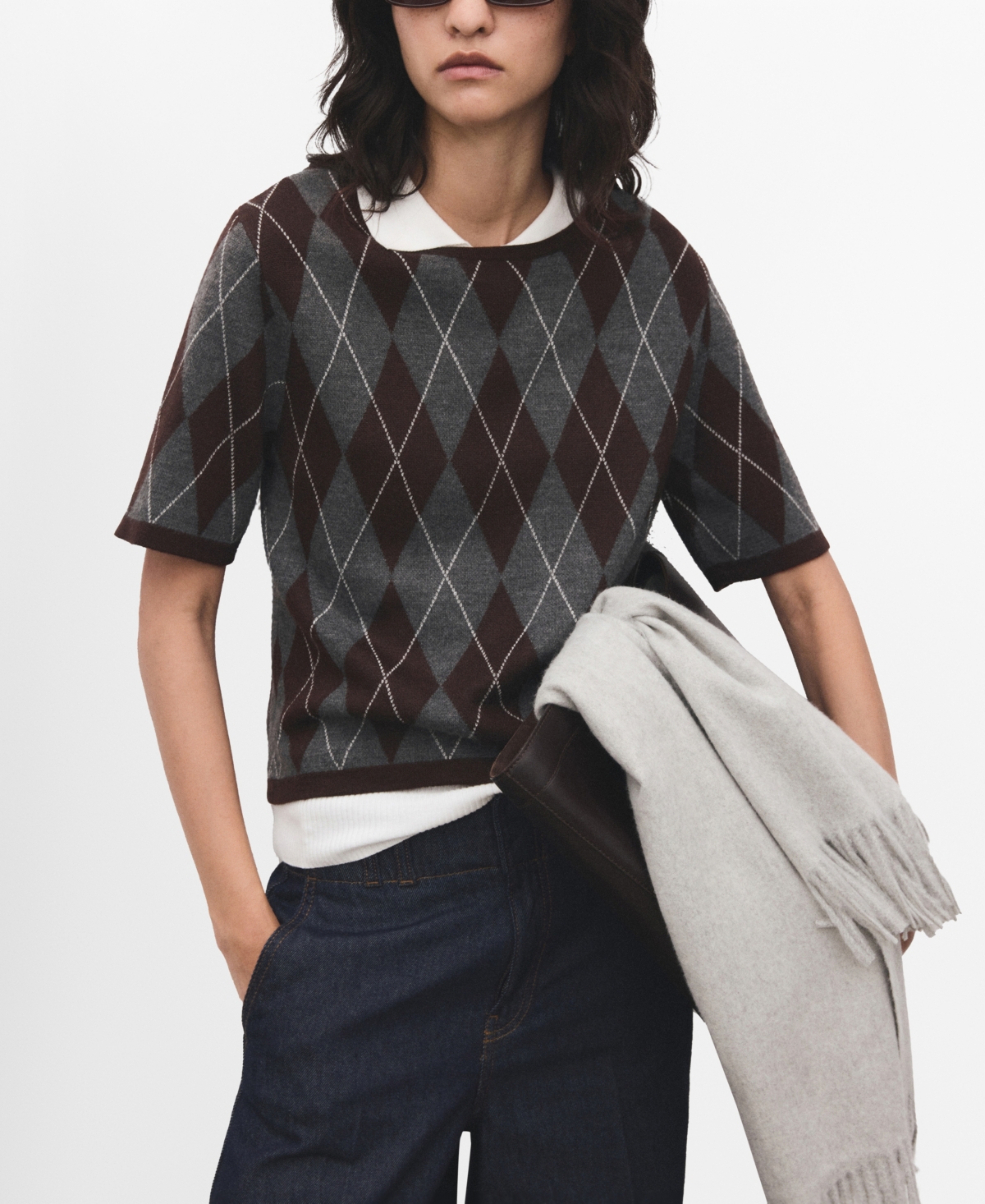 Click here for Mango Womens Short-Sleeved Argyle Sweater - Gray prices