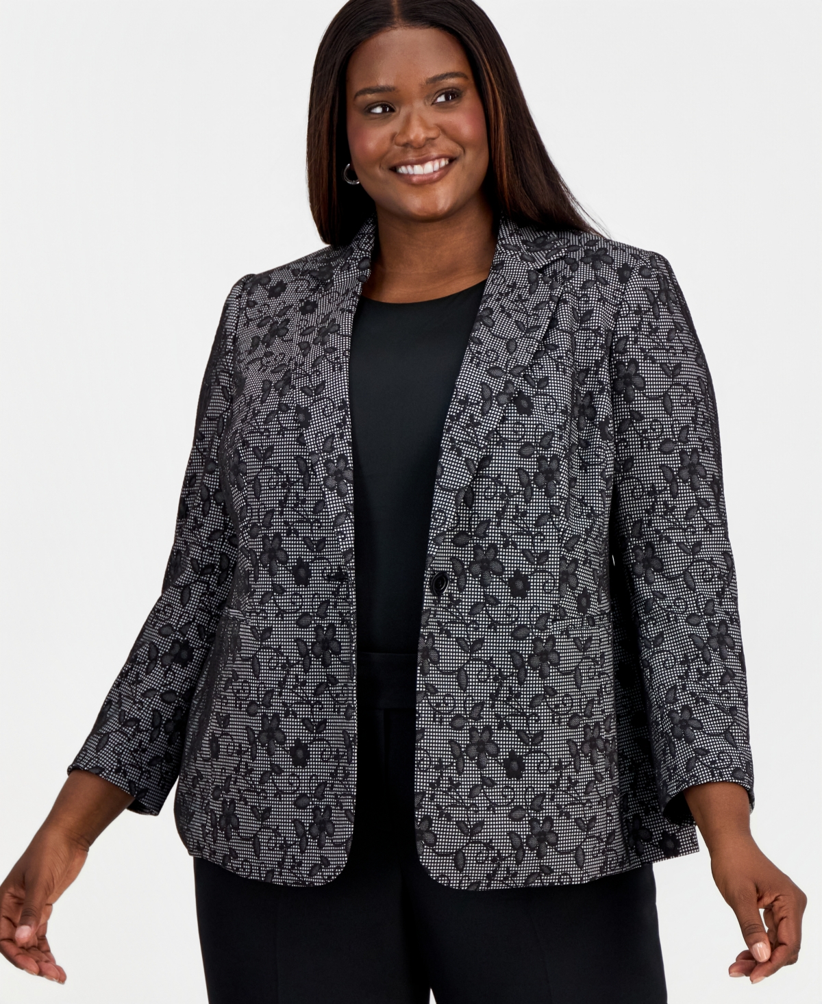 Click here for Kasper Plus Size Floral Print One-Button Blazer -... prices