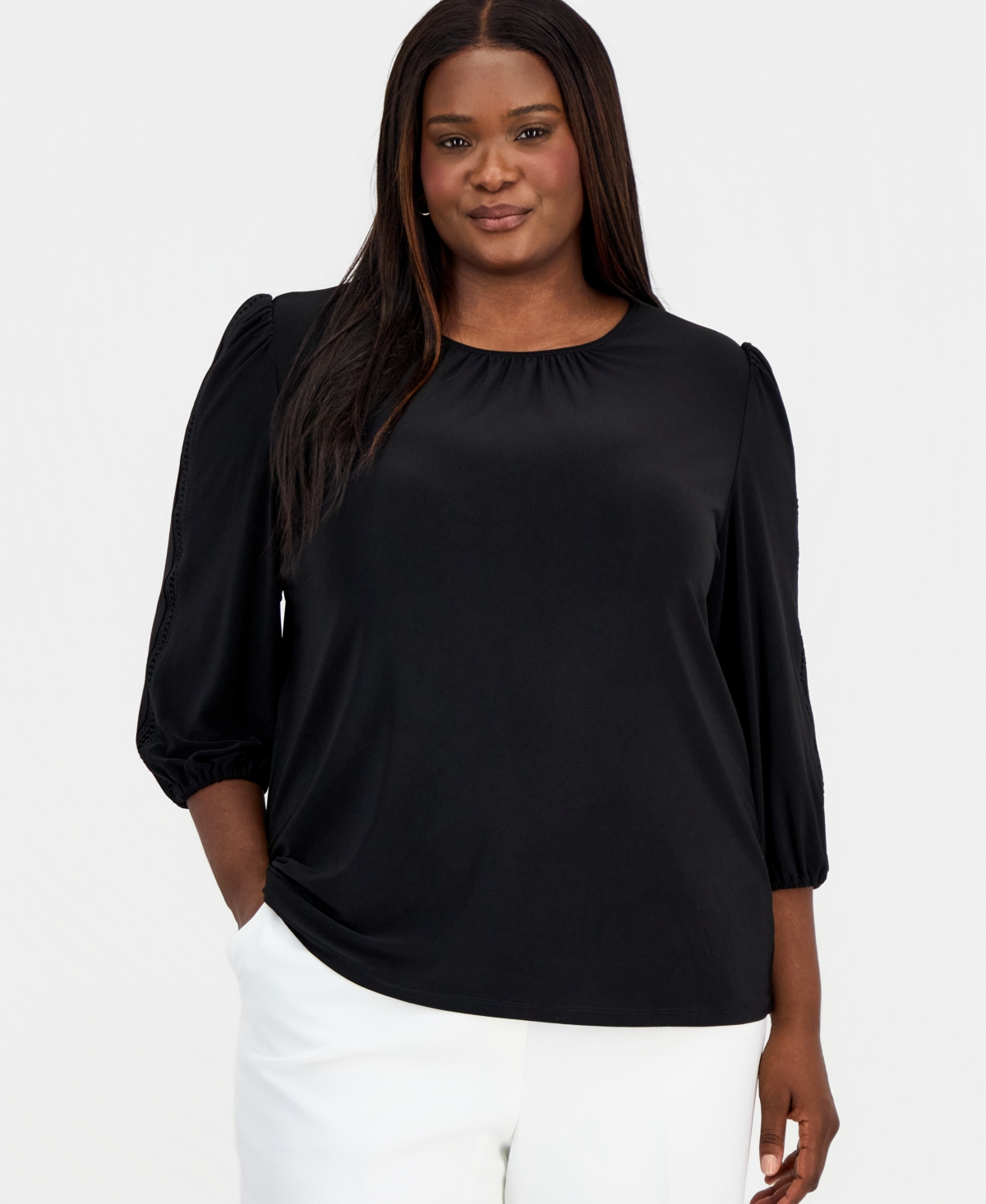 Click here for Kasper Plus Size Crochet-Trim 3/4-Sleeve Top - Bla... prices