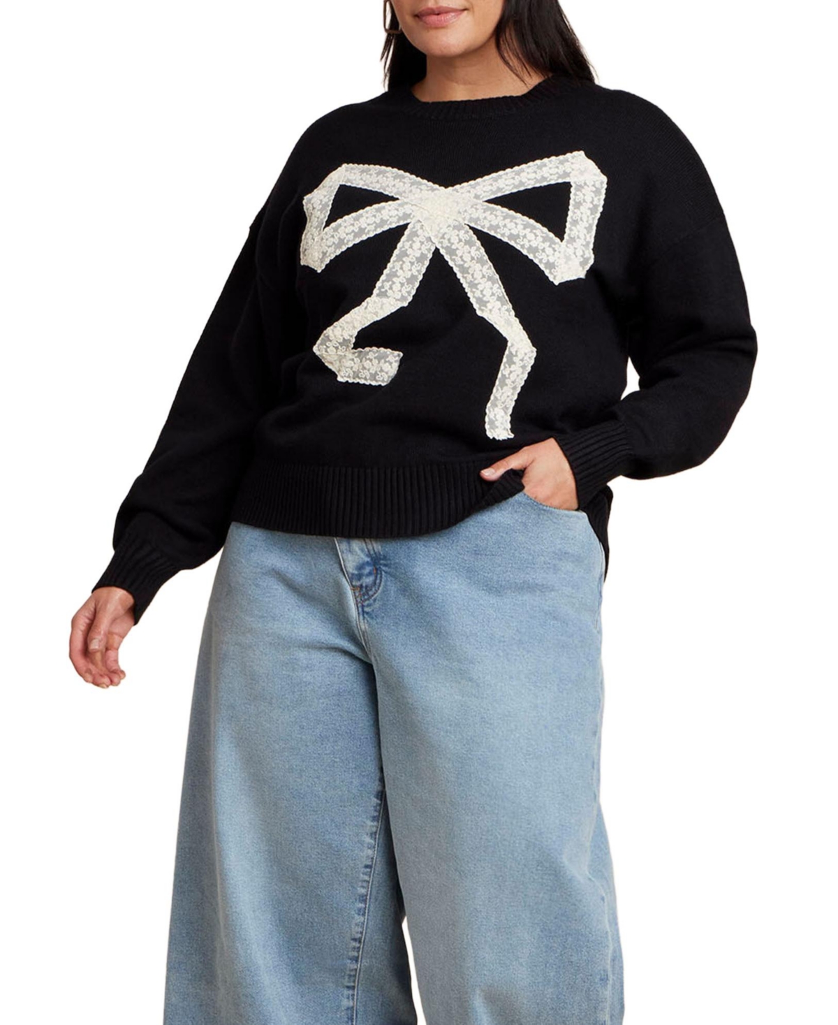 Click here for Eloquii Womens Lace Bow Sweater - Black prices