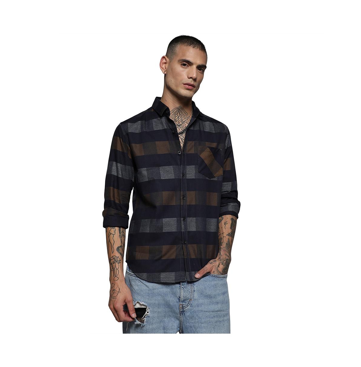 Click here for Campus Sutra Mens Grey & Olive Green Gun Club Chec... prices