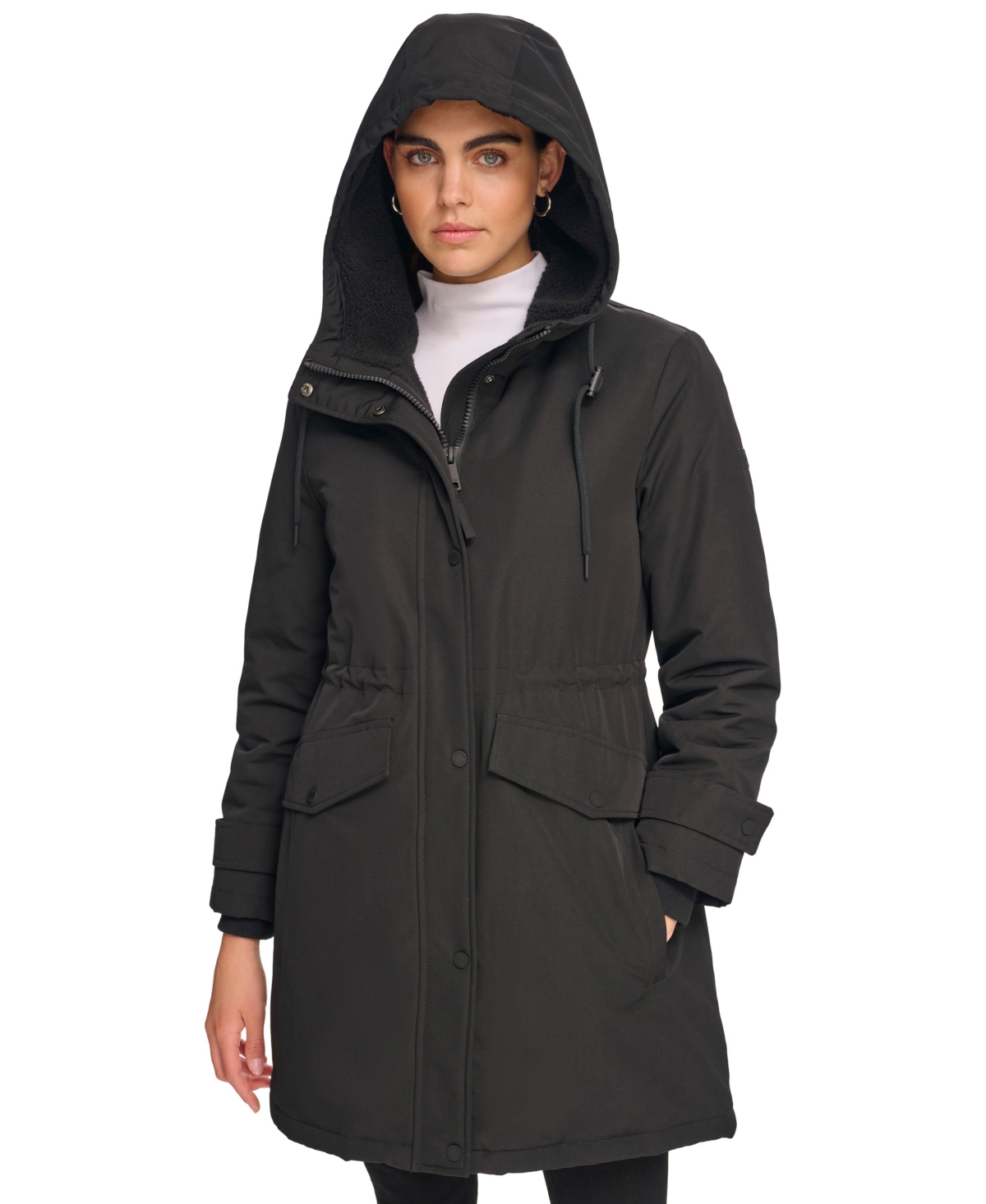 Click here for Calvin Klein Womens Stand Collar Hooded Coat - Bla... prices