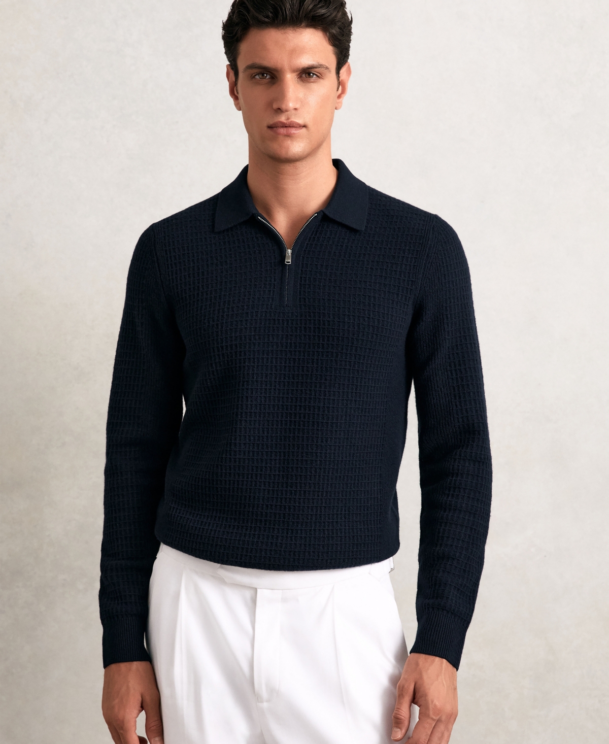 Reiss Mens Wool Waffle-Knit Half-Zip Polo Shirt - Navy