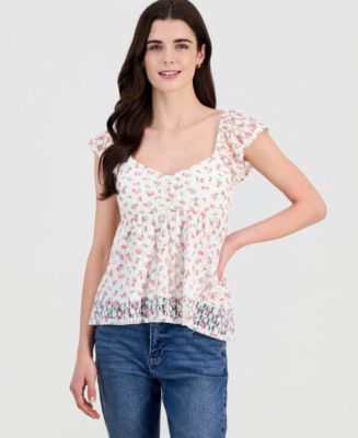 Sincerely Jules Juniors' Floral Lace Flutter-Sleeve Babydoll Top - Macy's