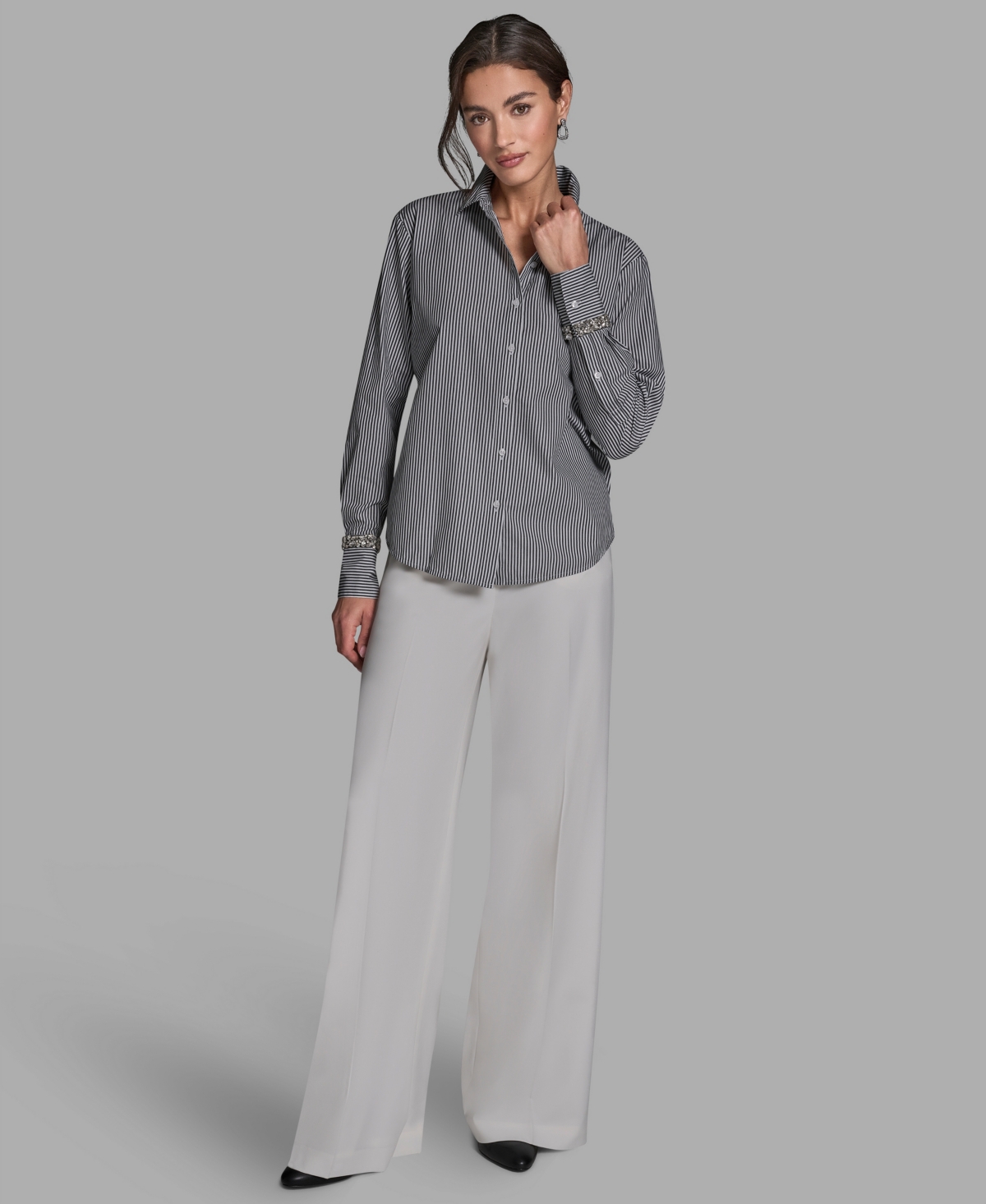 Click here for Bcbg Womens Button-Down Long-Sleeve Top - Black/Wh... prices