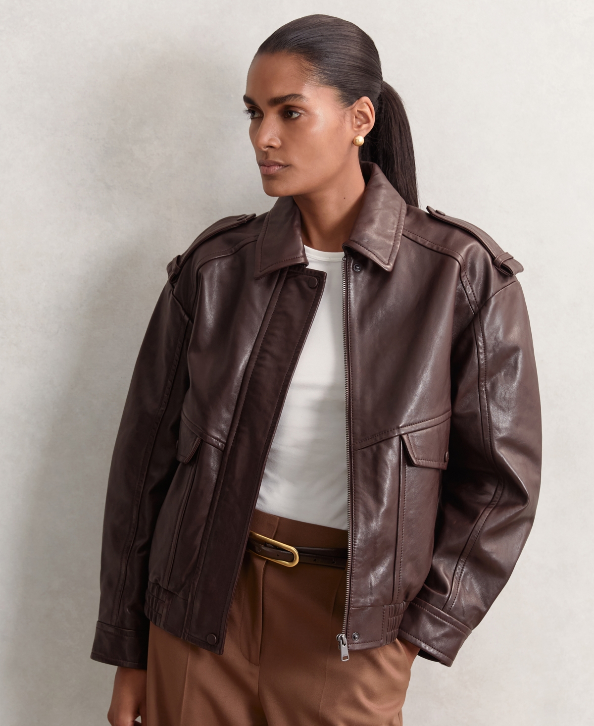 Click here for Reiss Womens Peyton Oversized Leather Jacket - Aub... prices