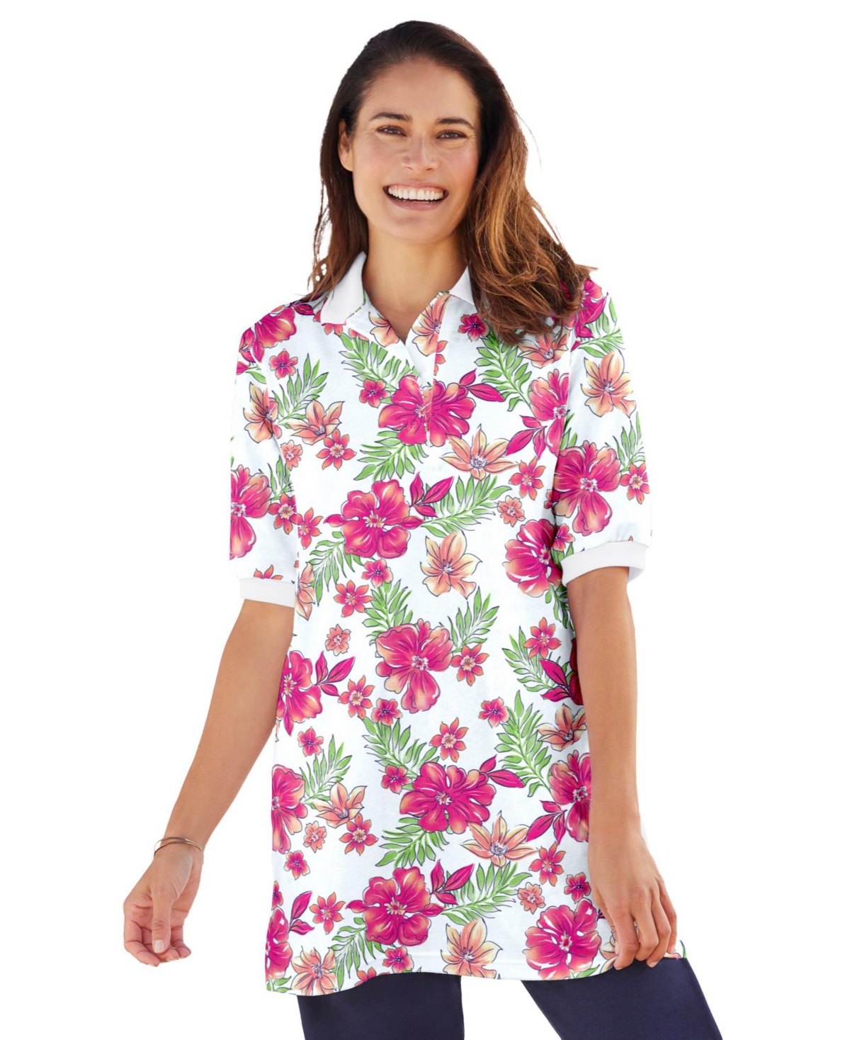 Click here for Woman Within Plus Size Within Elbow-Sleeve Polo Tu... prices