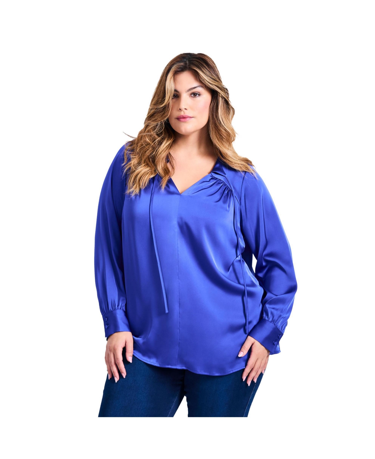 Click here for Avenue Womens Marlene Tie Front Satin Blouse - Roy... prices