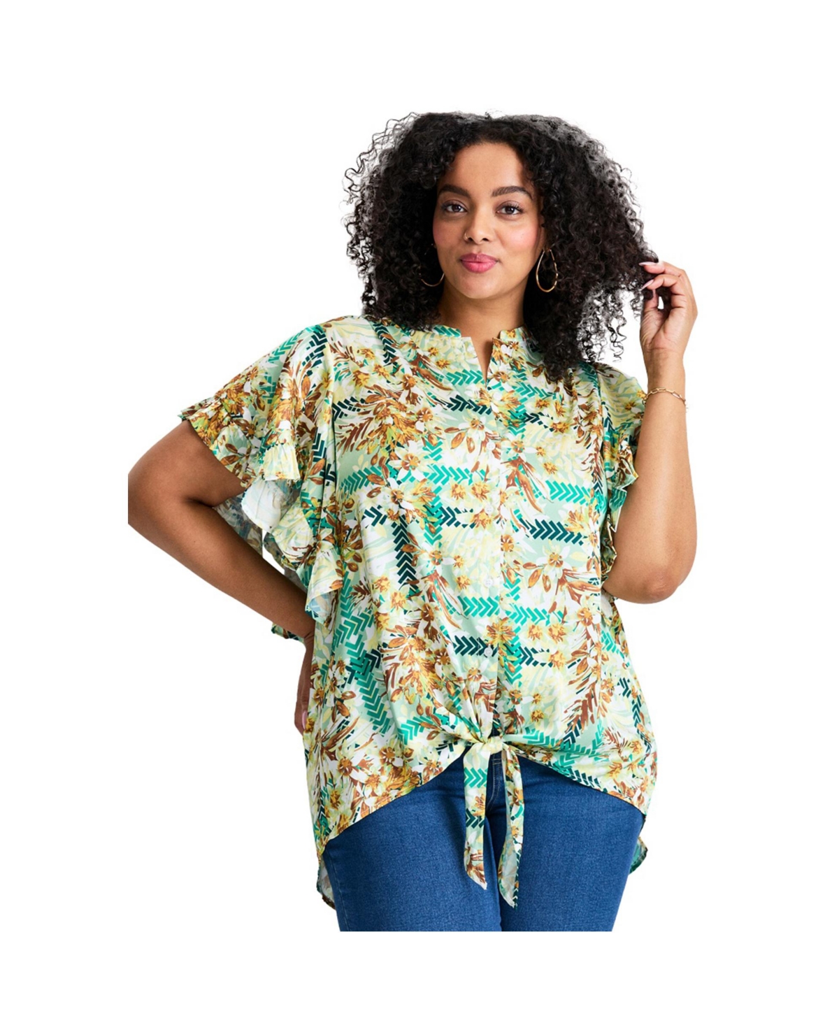 Click here for Avenue Womens Tie Front Scarf Sleeve Blouse - Gree... prices