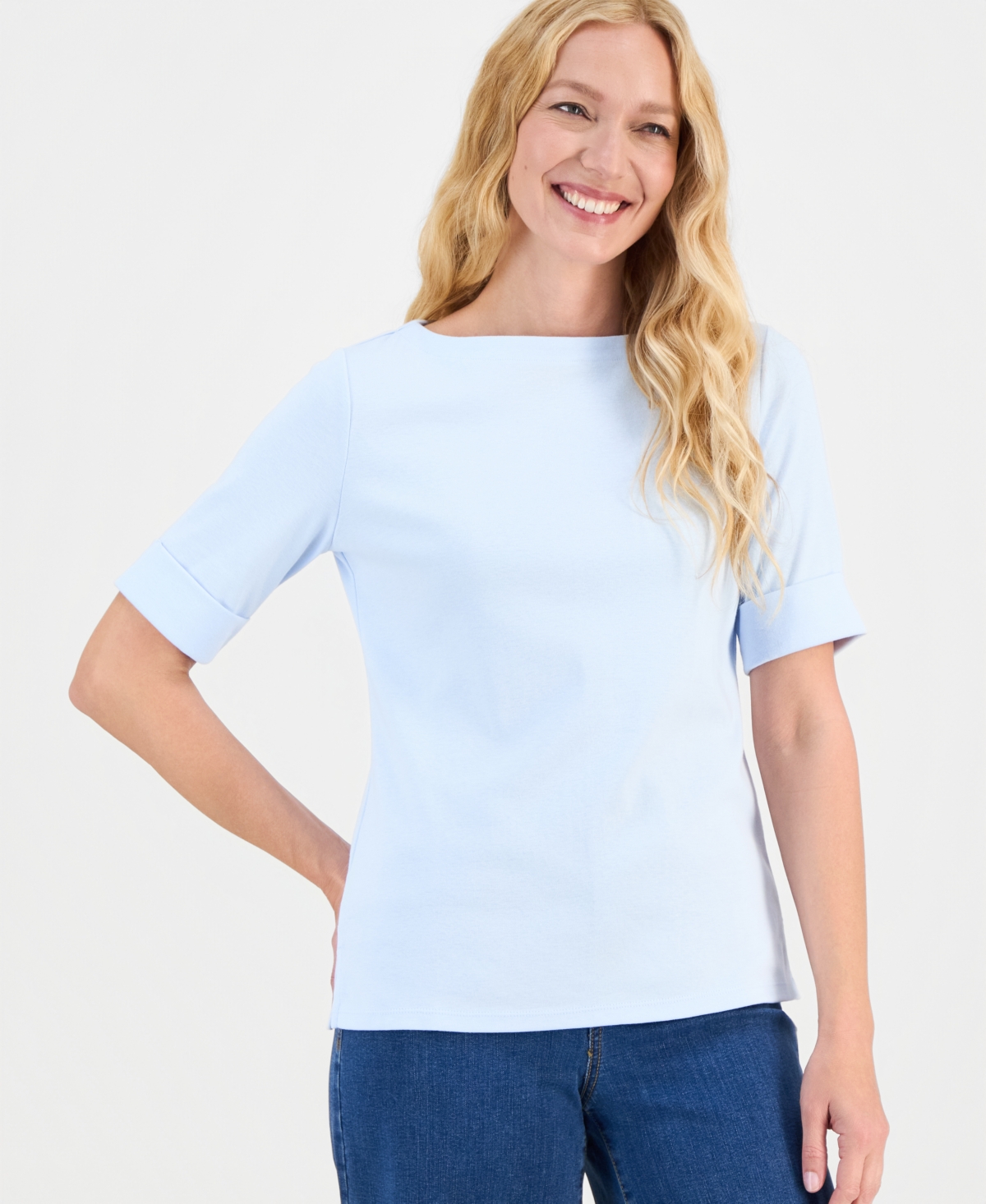 Click here for Style & Co Womens Boat-Neck Elbow Sleeve Cotton To... prices