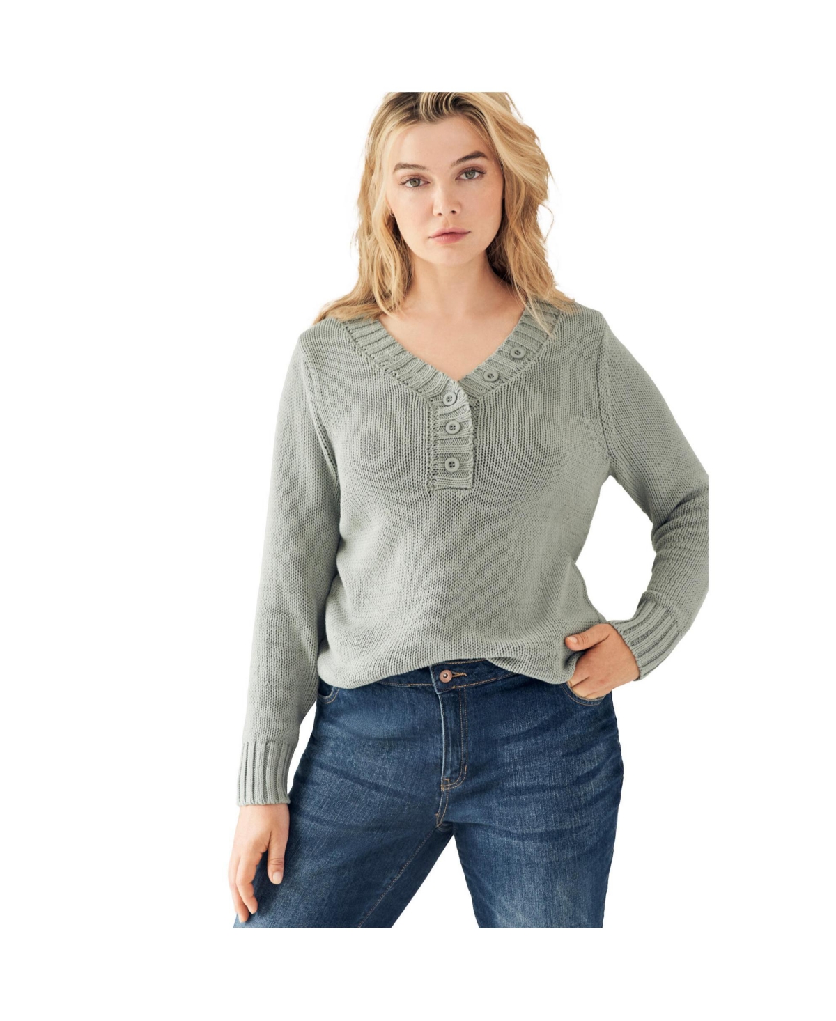 Click here for ellos Womens Button Y-Neck Sweater - Grey spruce prices