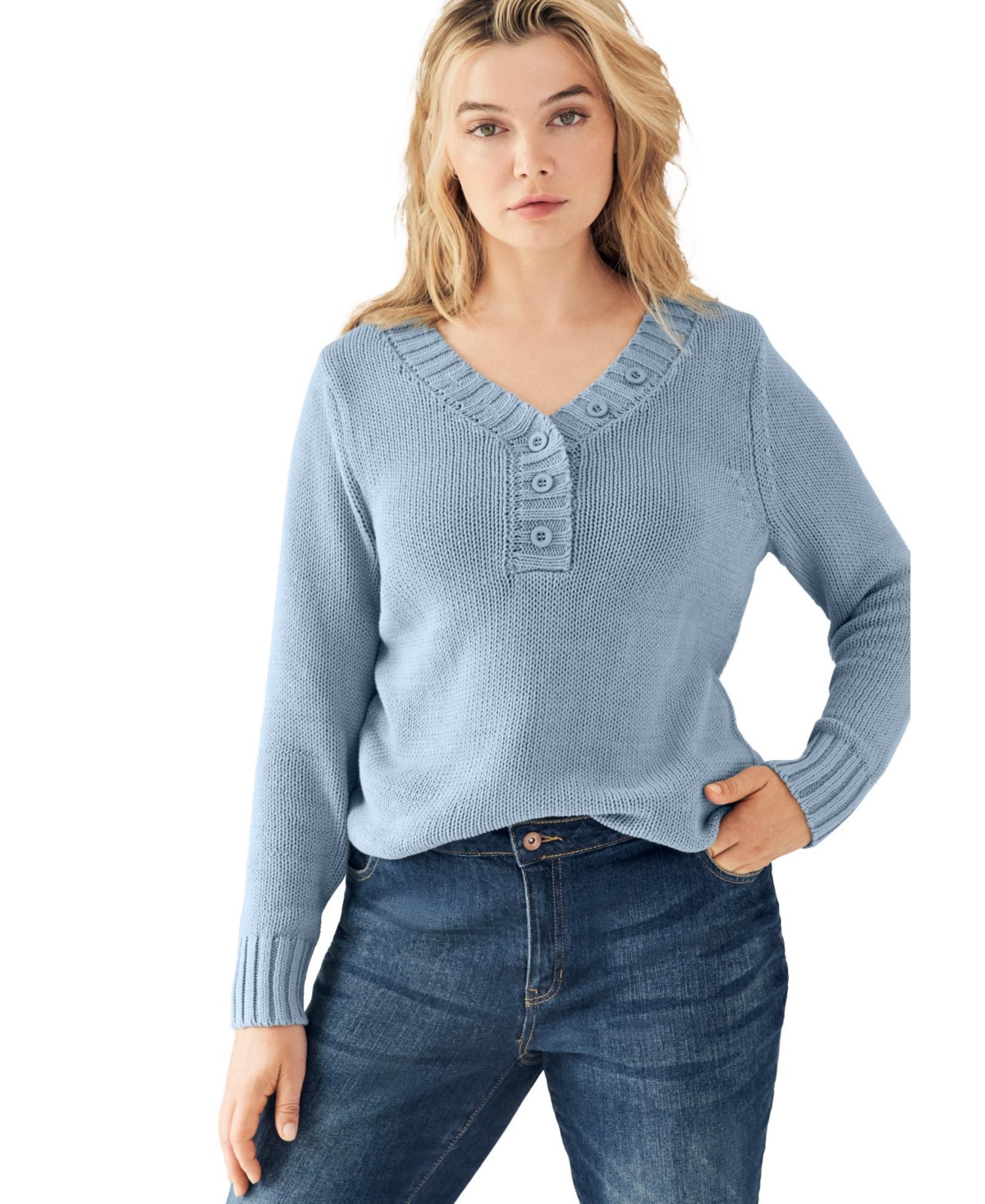 Click here for ellos Womens Button Y-Neck Sweater - Blue lake prices