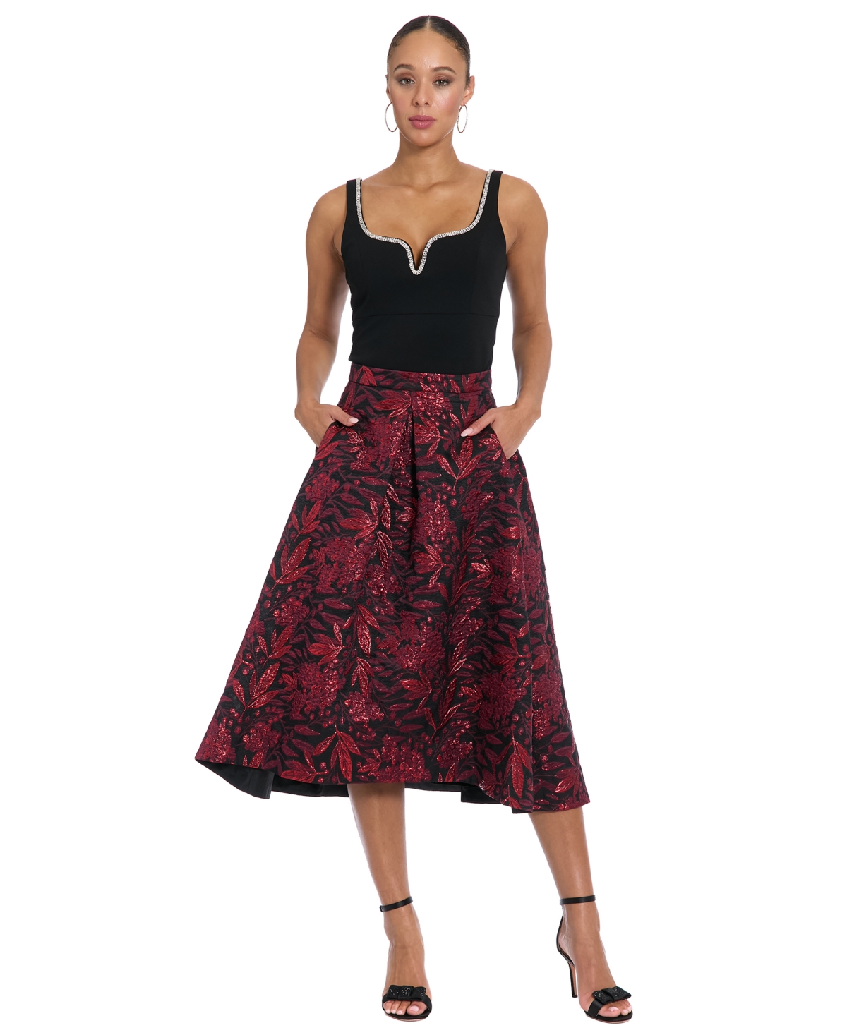Click here for Muse Womens Belted Pleated Jacquard Skirt - Black/... prices