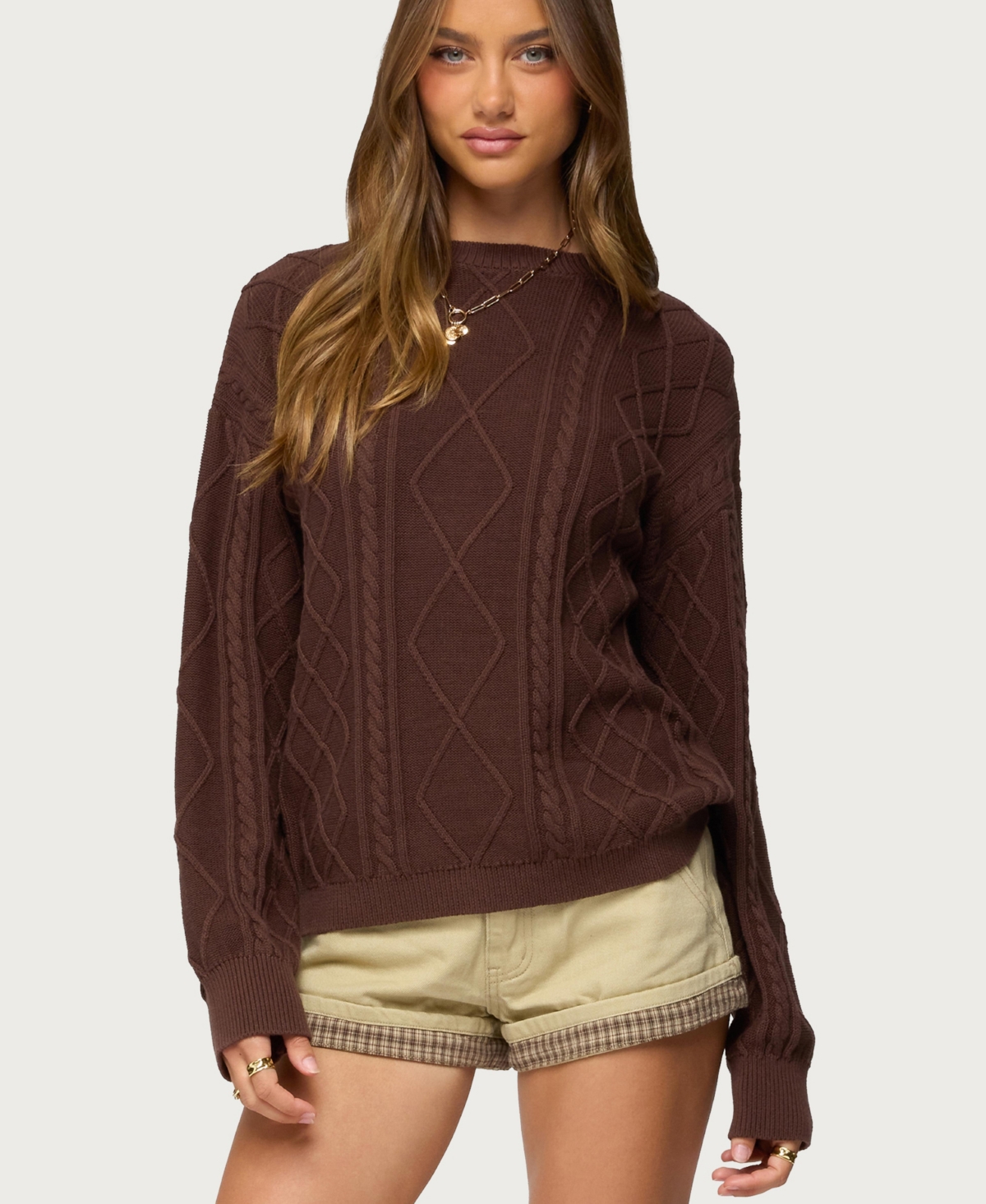 Click here for Edikted Womens Jessy cable knit oversized sweater... prices