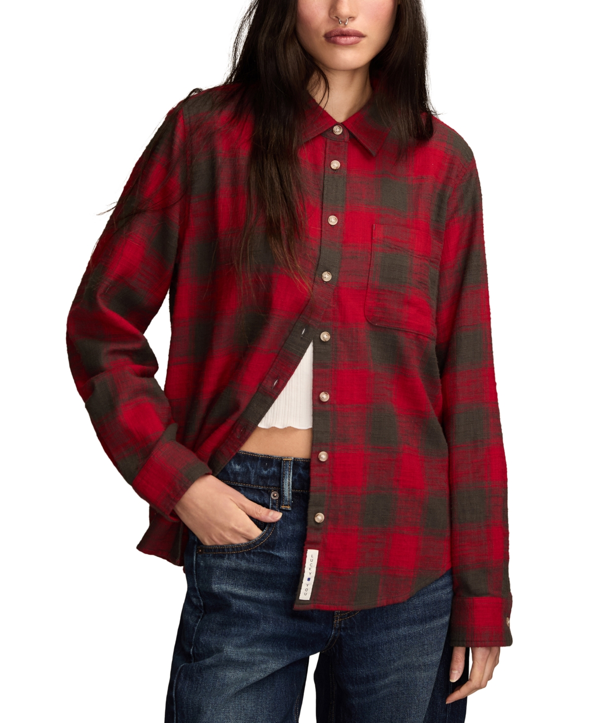 Click here for Lucky Brand Womens Clyde Plaid Boyfriend Button-Do... prices