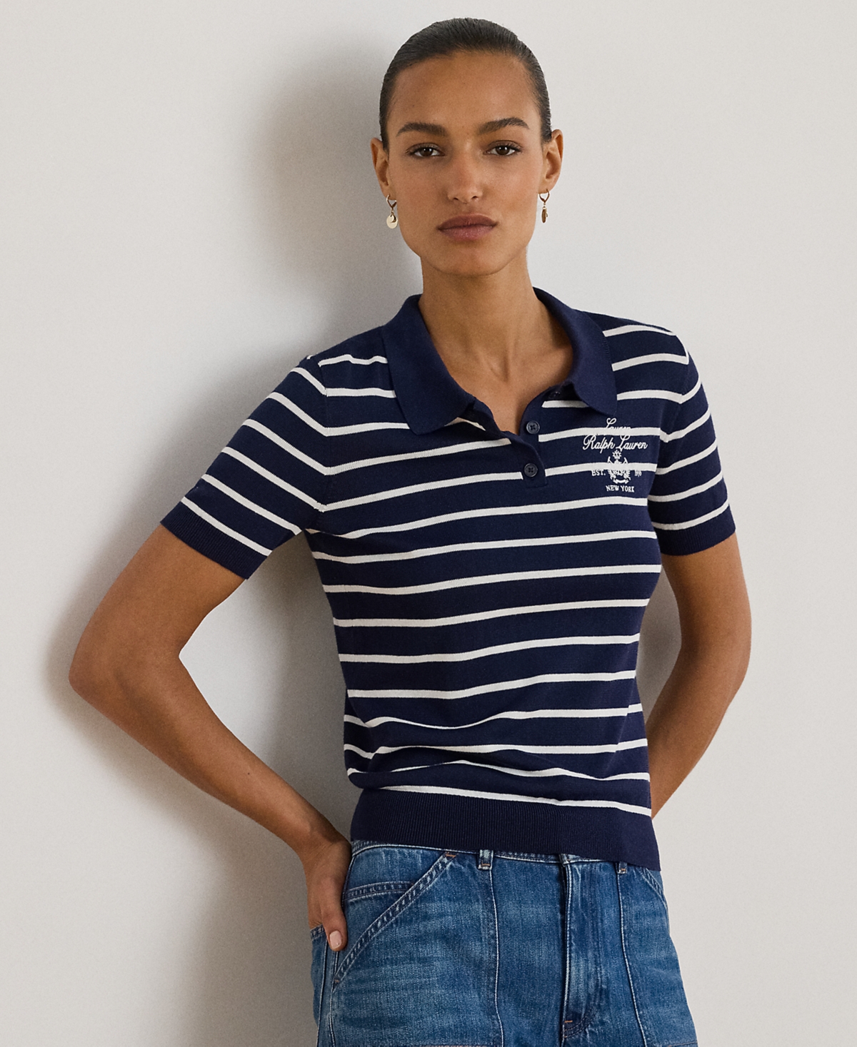 Click here for Lauren Ralph Lauren Petite Striped Short-Sleeve Po... prices