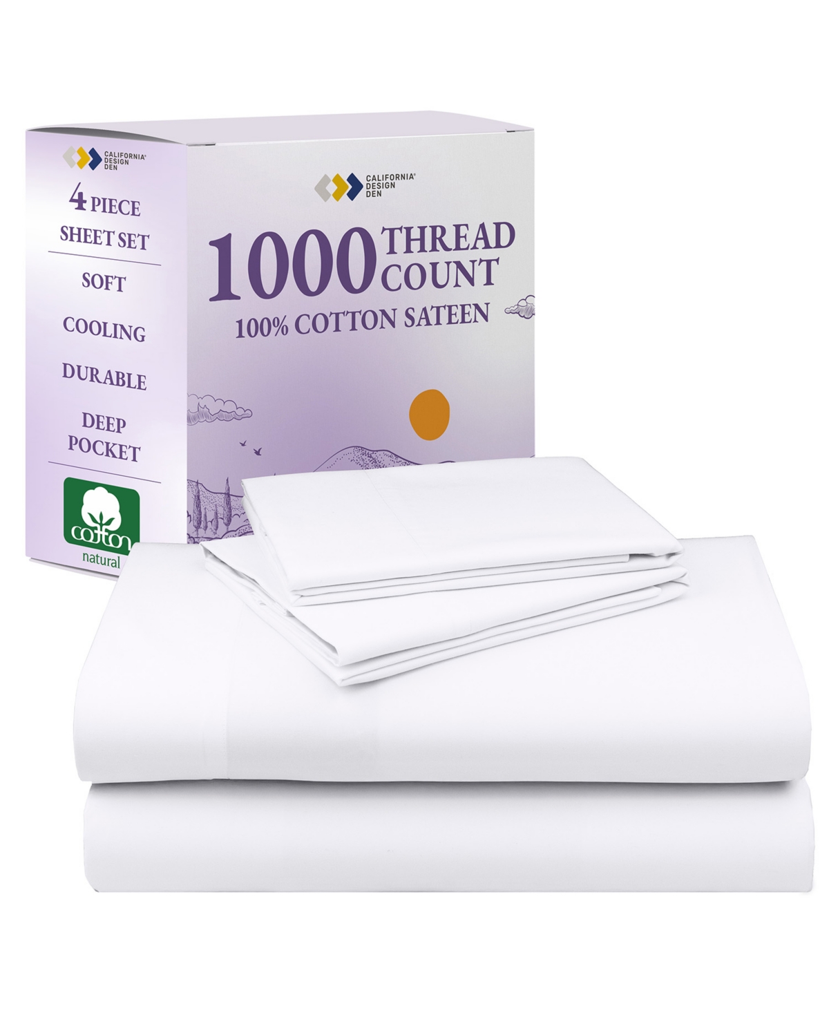 Luxury 1000 Thread Count Bed Sheets Set - 100 Cotton Sateen - Soft  Thick & Deep Pocket - California King - Bright white