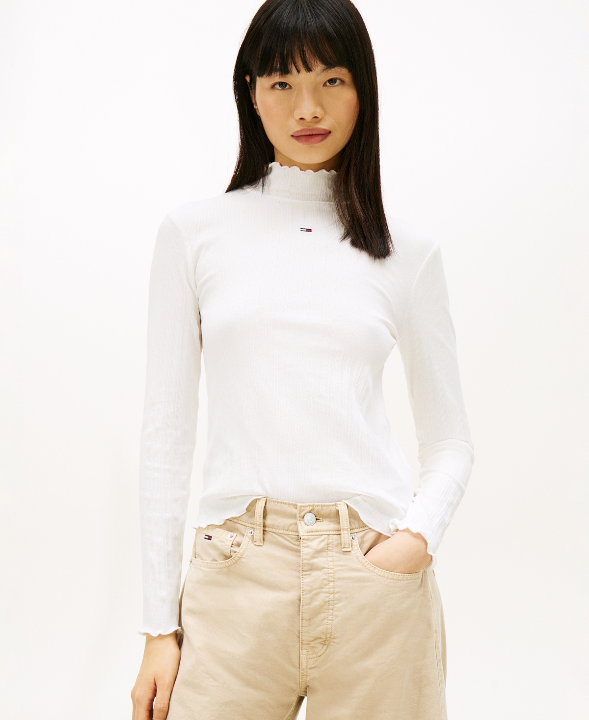 Click here for Tommy Jeans Womens Slim Ribbed Lettuce Edge Mock N... prices