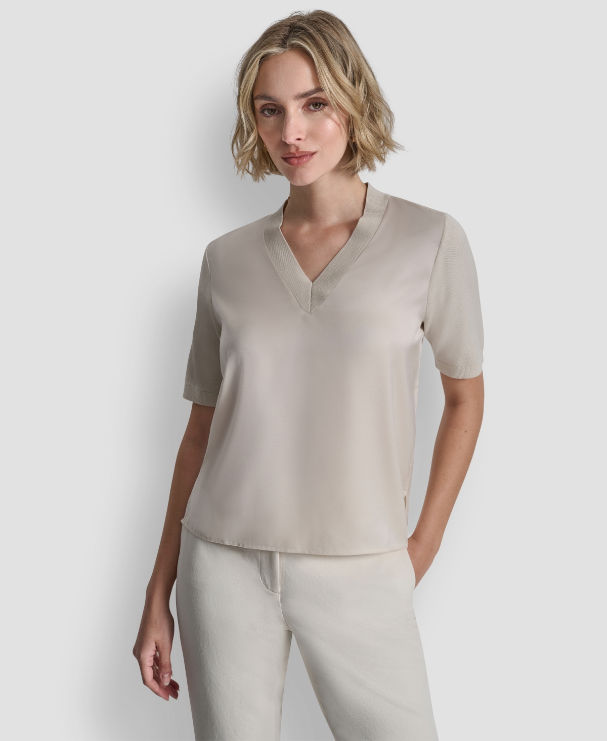 Click here for Dkny Womens V-Neck Short-Sleeves Sweater - Ecru prices