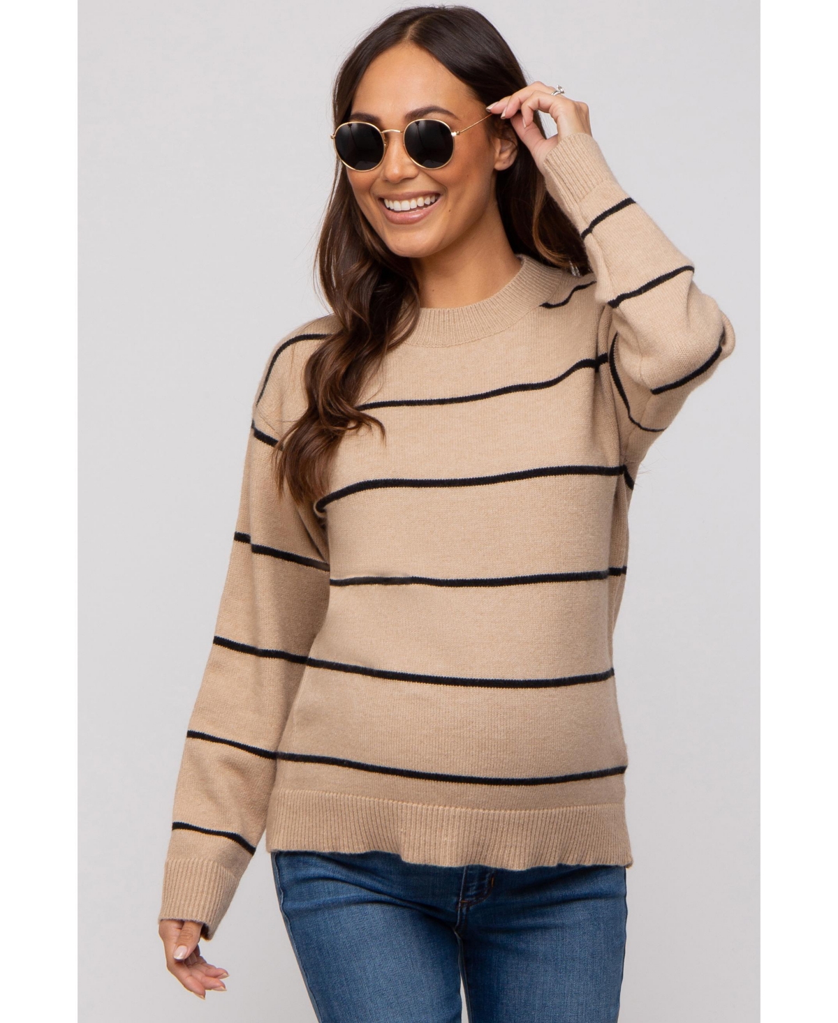 Click here for Pinkblush Maternity Mocha Striped Mock Neck Sweate... prices