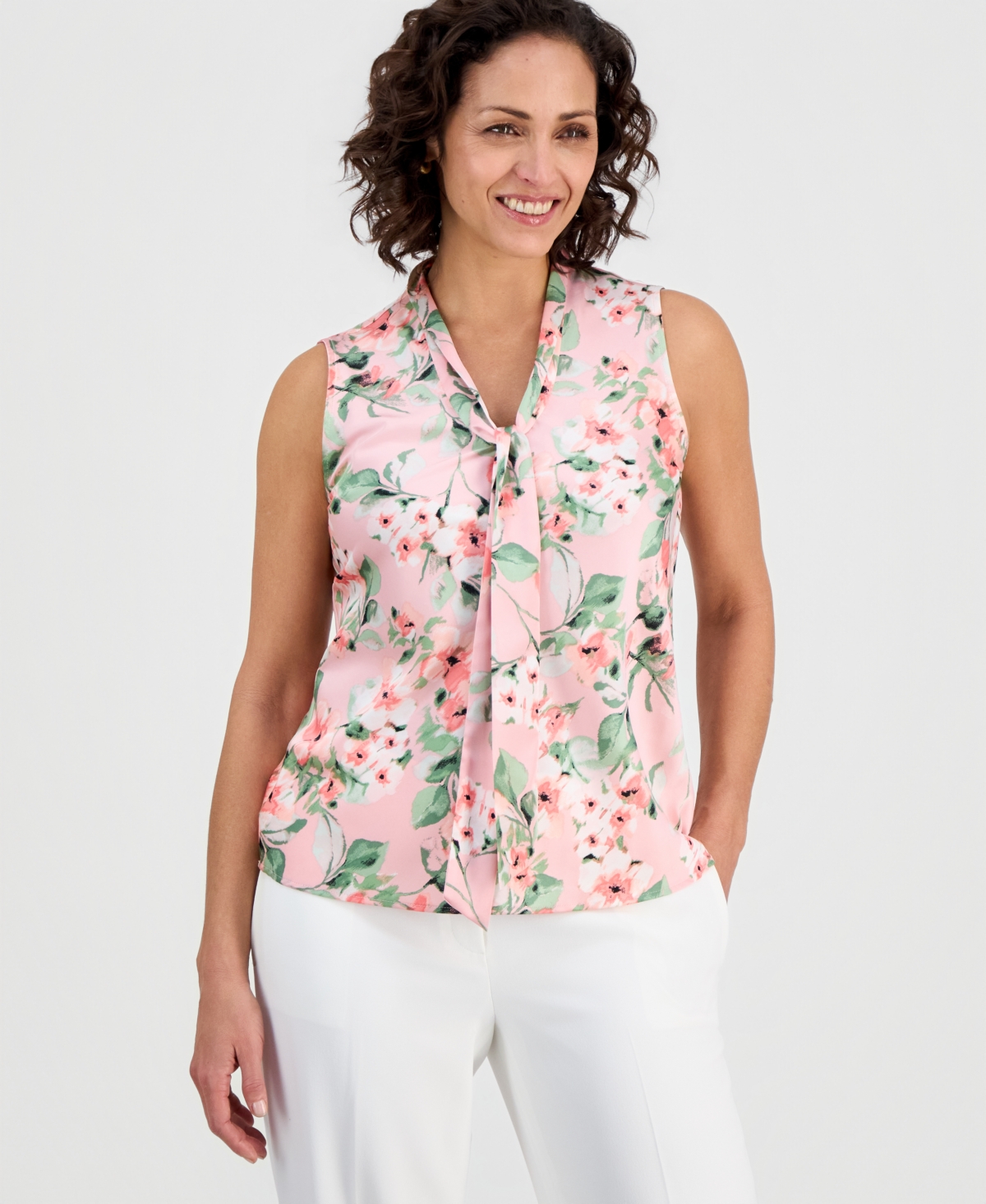 Click here for Kasper Petite Tie-Neck Sleeveless Top - Vanilla Ic... prices