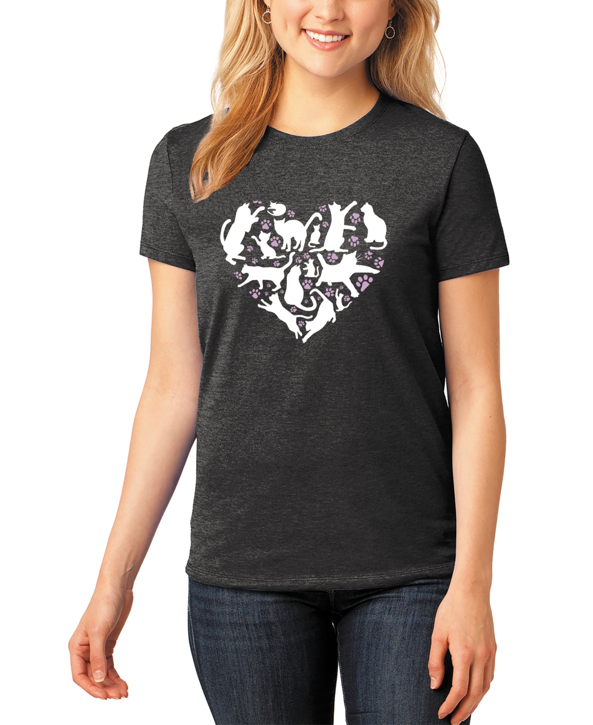 Click here for La Pop Art Womens Cat Heart Crew Neck T-Shirt - Bl... prices