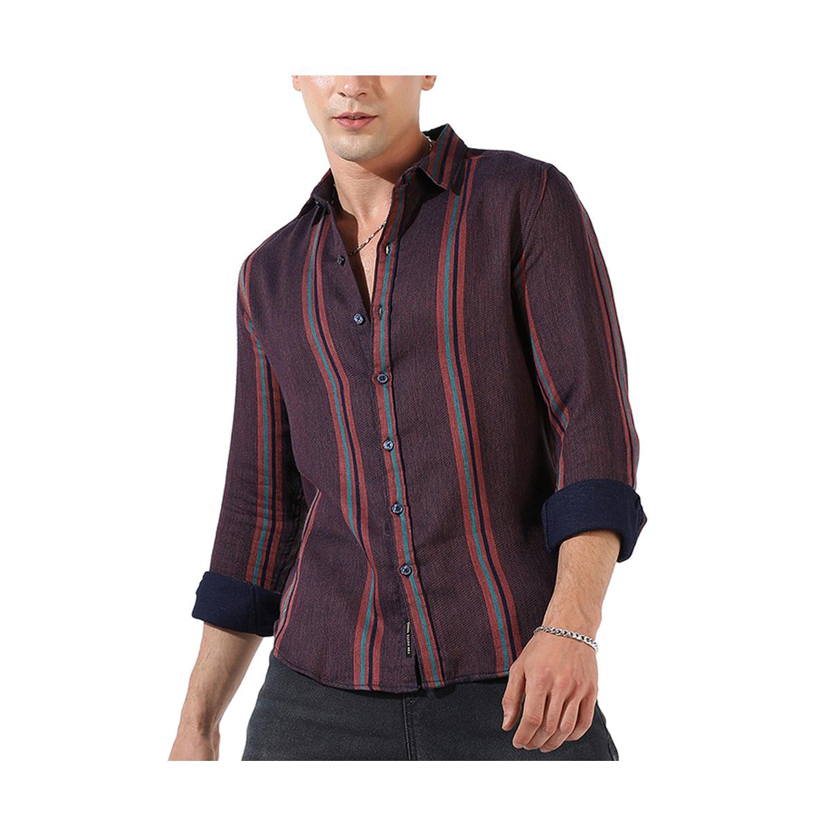 Click here for Campus Sutra Mens Maroon Striped Regular Fit Casua... prices