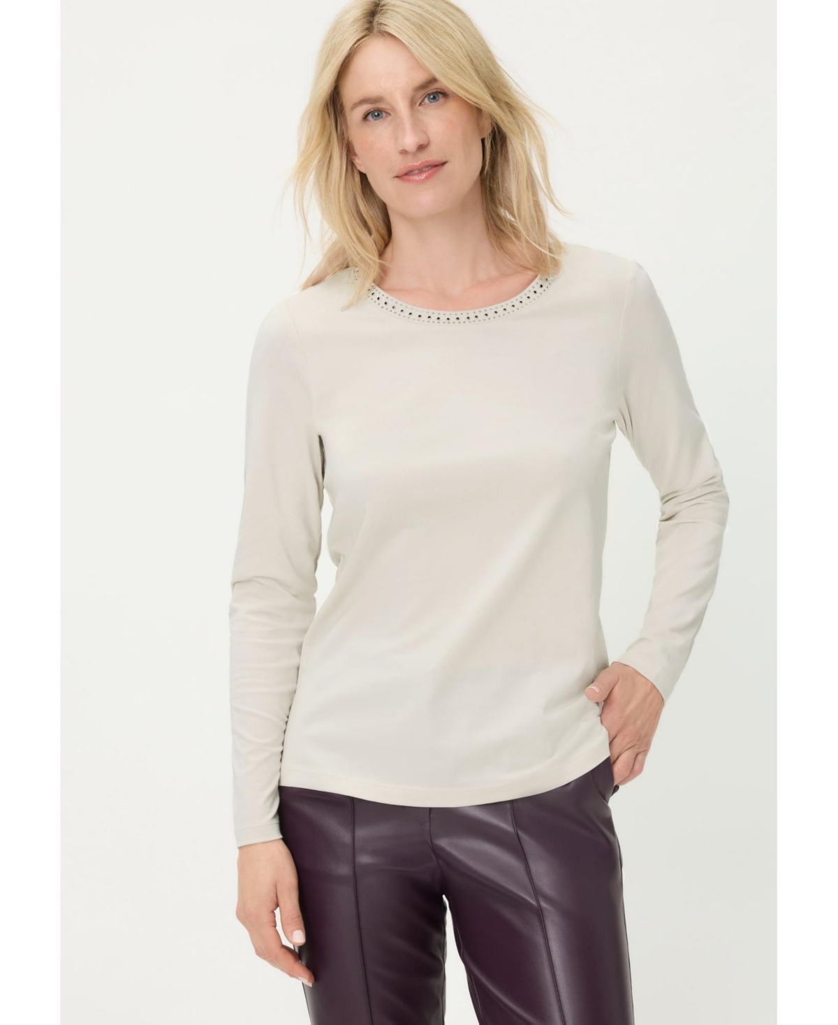 Click here for Olsen Womens Rhinestone Trim T-Shirt - Almond beig... prices