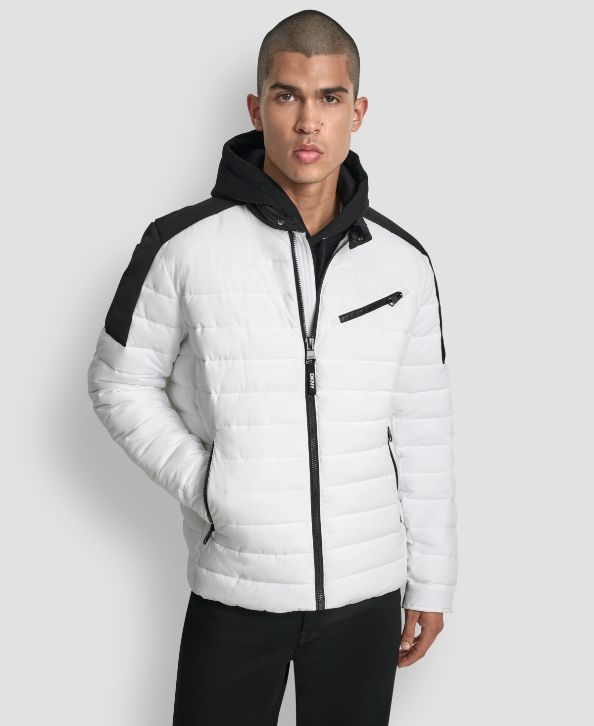 Click here for Dkny Mens Moto Quilted Puffer Jacket - White prices