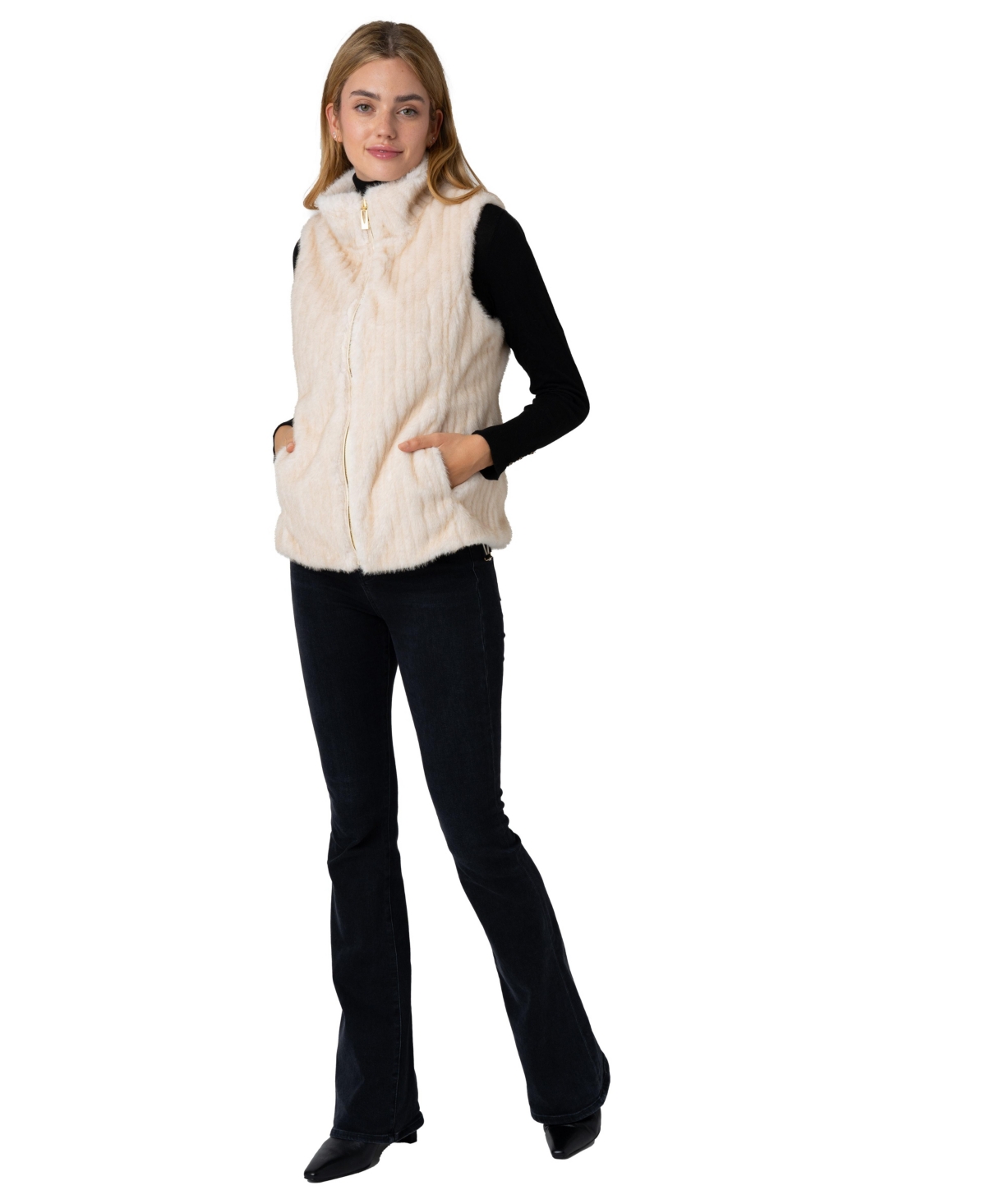 Click here for Via Spiga Womens Reversible Faux Fur Vest - Beige prices