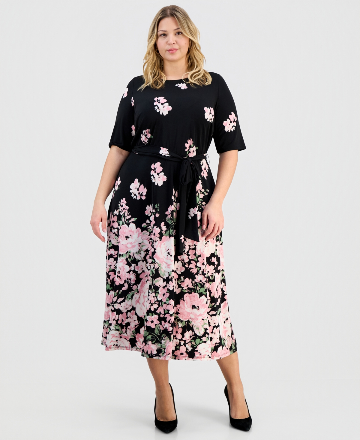Click here for Kasper Plus Size Floral-Print Round-Neck Tie-Belt... prices