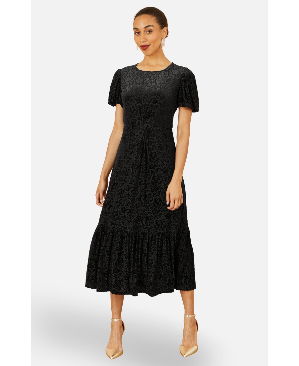Click here for Yumi Womens Velvet Twist Waist Midi Dress - Black prices