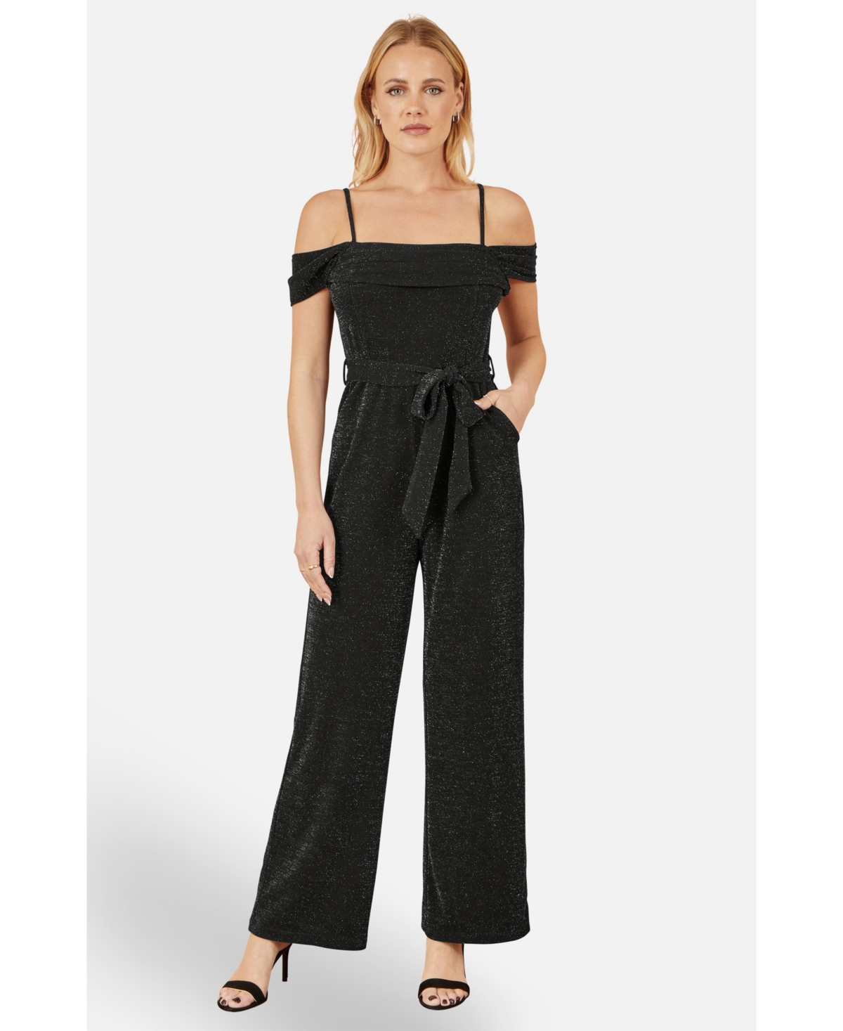Click here for Yumi Womens Sparkle Stretch Bardot Jumpsuit - Blac... prices