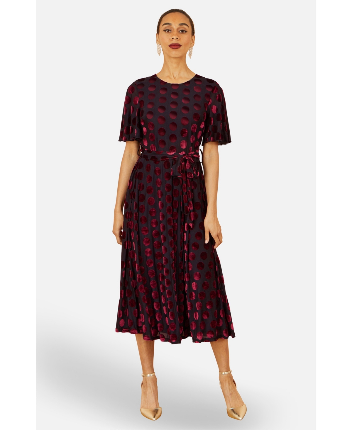 Click here for Yumi Womens Velour Spot Midi Skater Dress - Burgun... prices