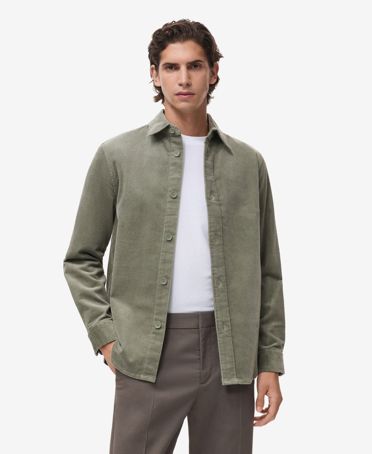 Click here for Mango Mens Corduroy Cotton Overshirt - Pastel Gree... prices