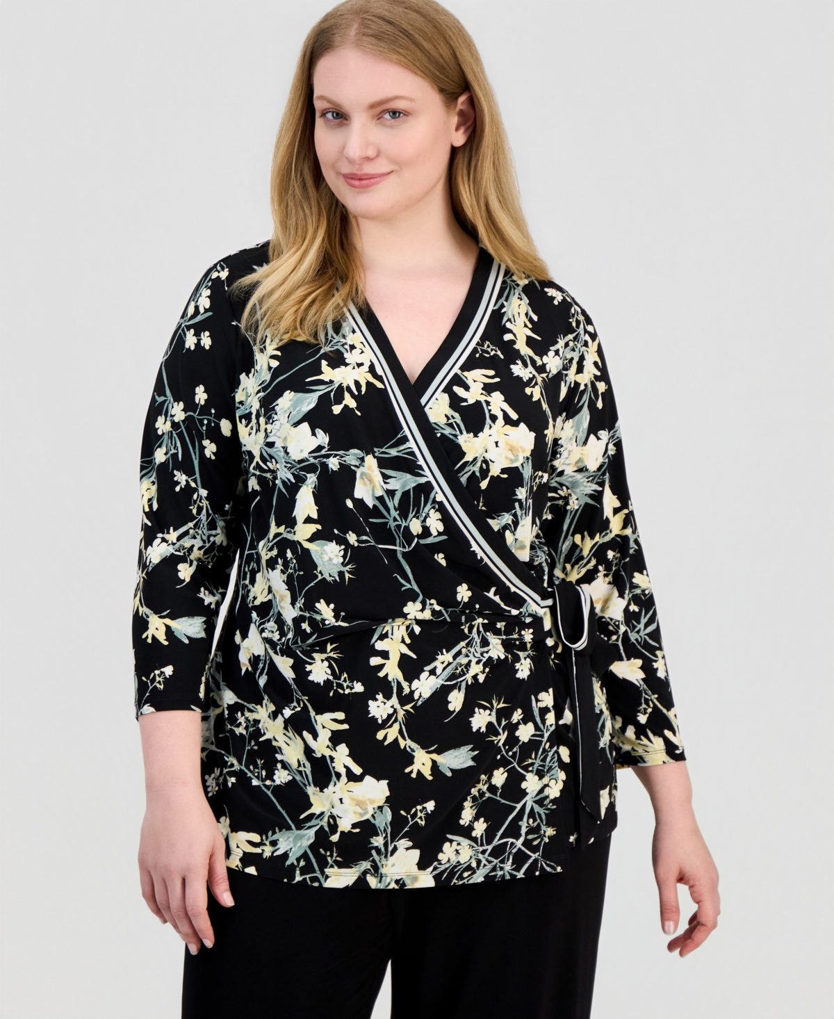 Click here for Anne Klein Plus Size Floral Border Stripe Wrap Top... prices