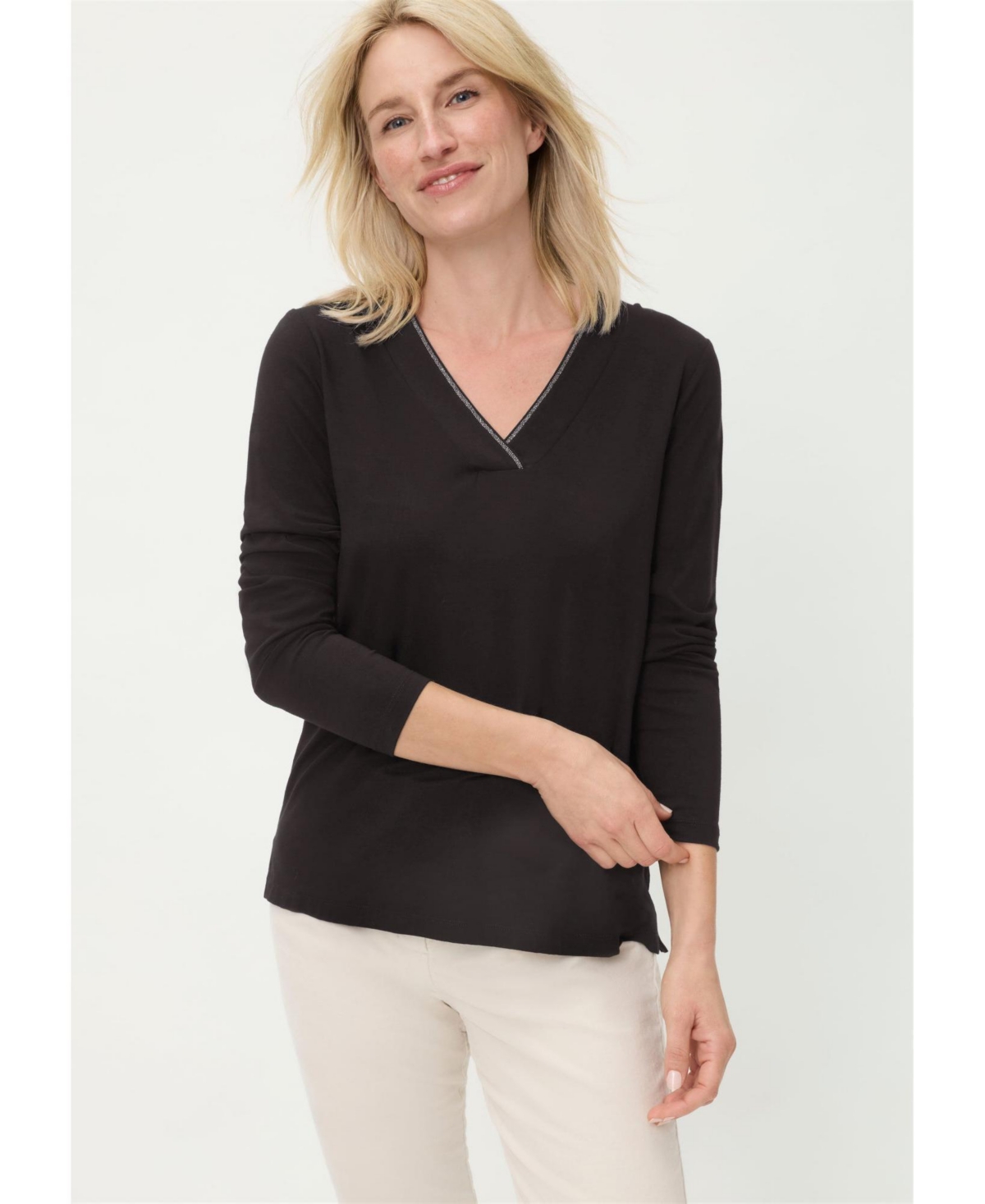 Click here for Olsen Womens V-Neck Sparkle-Trim T-Shirt - Black prices