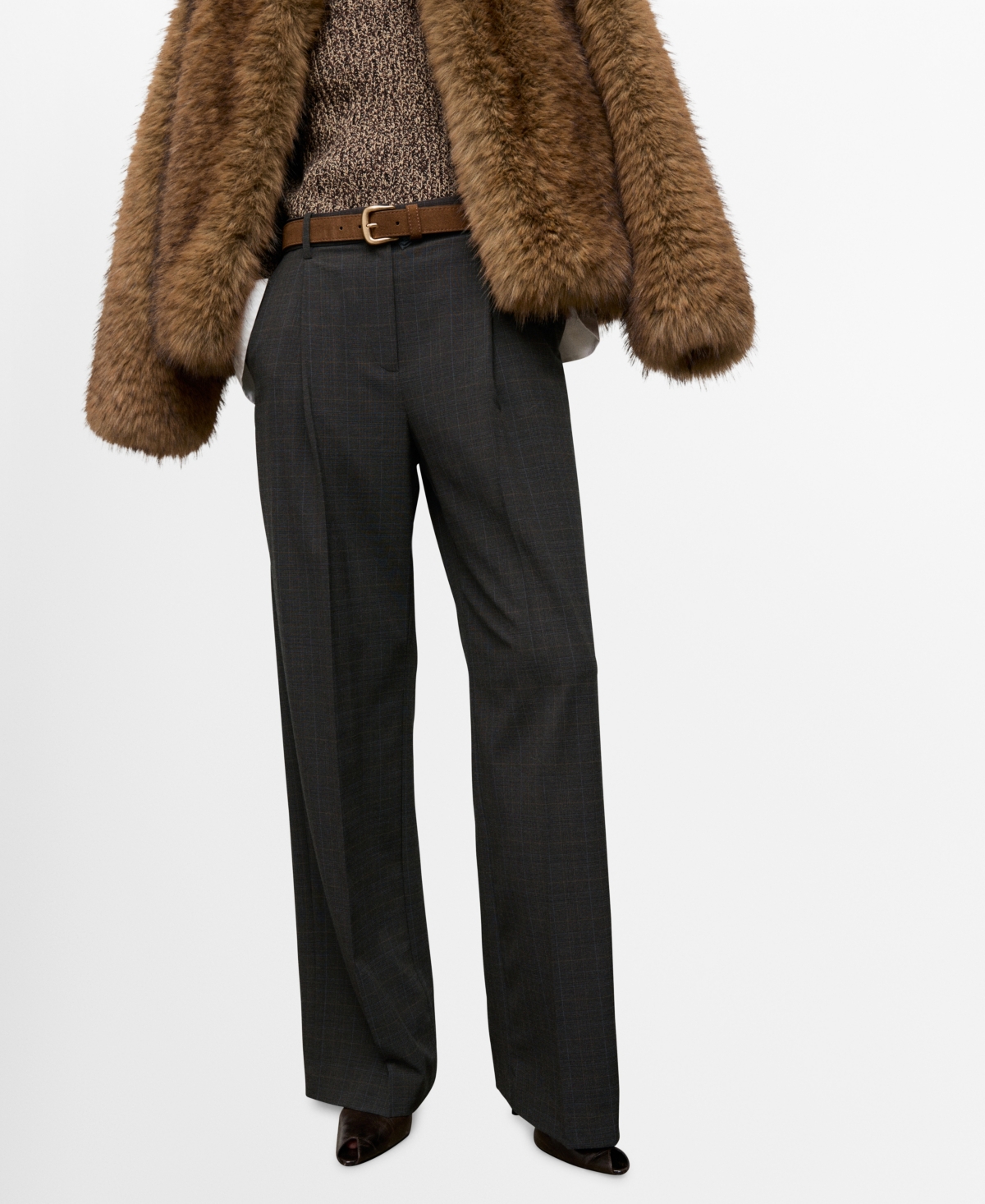 Click here for Mango Womens Check Pleated Pants - Brown prices