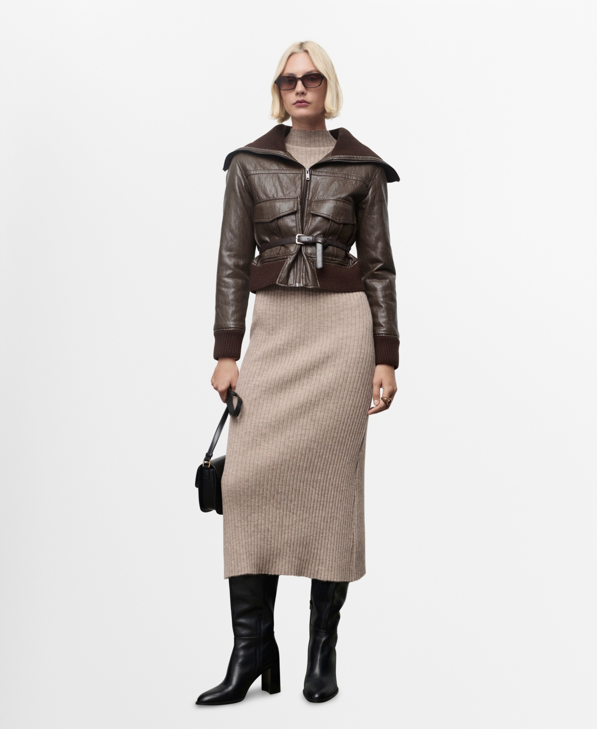 Mango Womens Perkins-Neck Ribbed Dress - Medium Brown