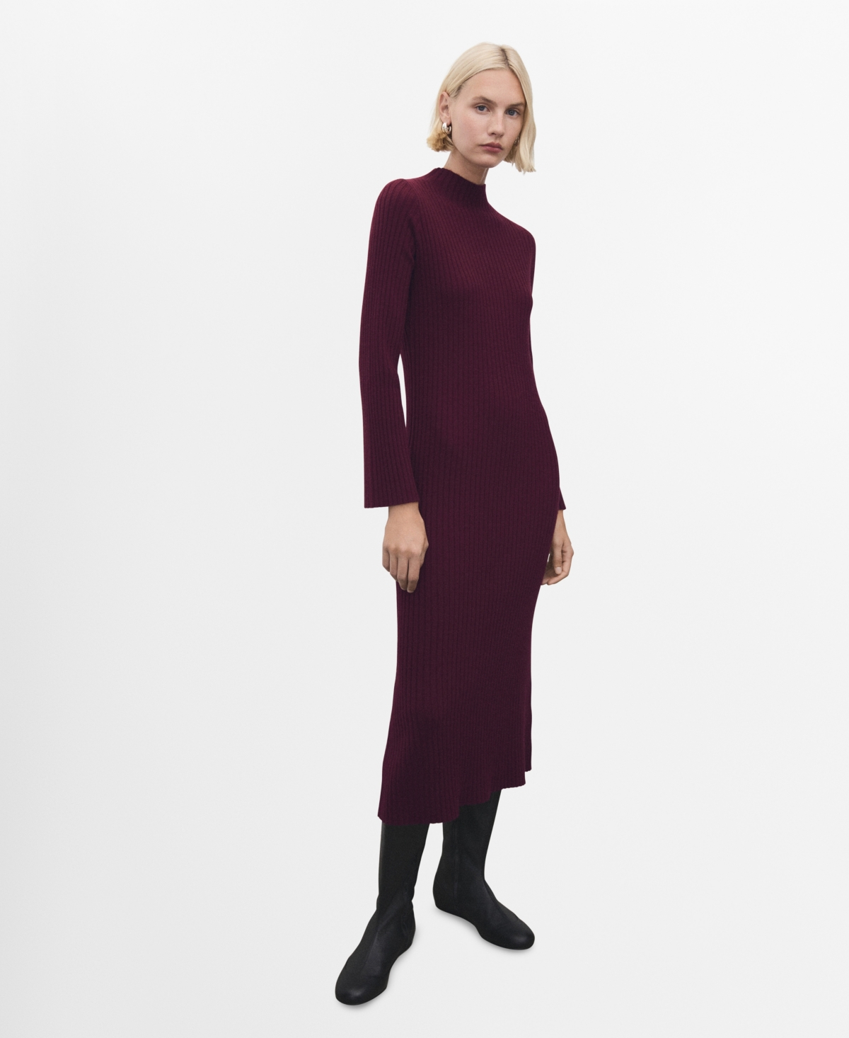 Mango Womens Perkins-Neck Ribbed Dress - Wine