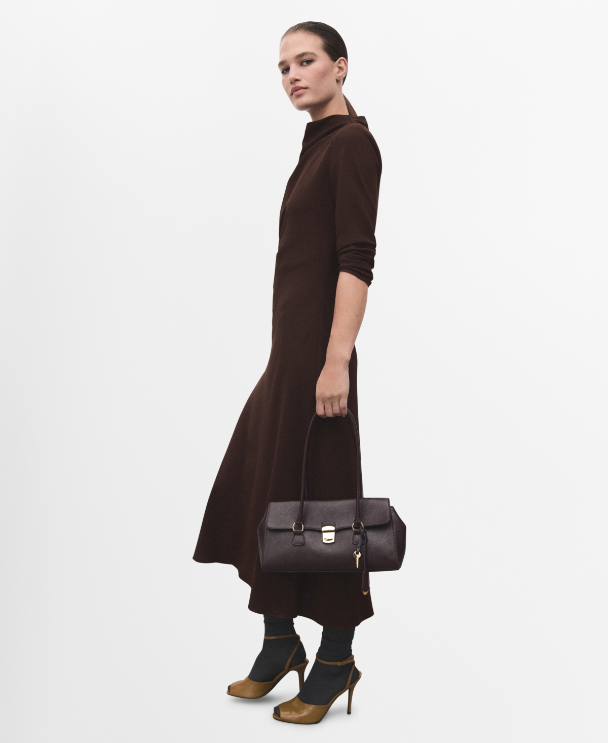 Click here for Mango Womens Draped Neckline Ruched Dress - Chocol... prices