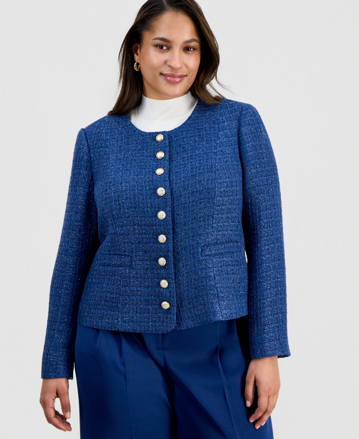 Click here for Tahari Asl Plus Size Boucle-Knit Collarless Jacket... prices