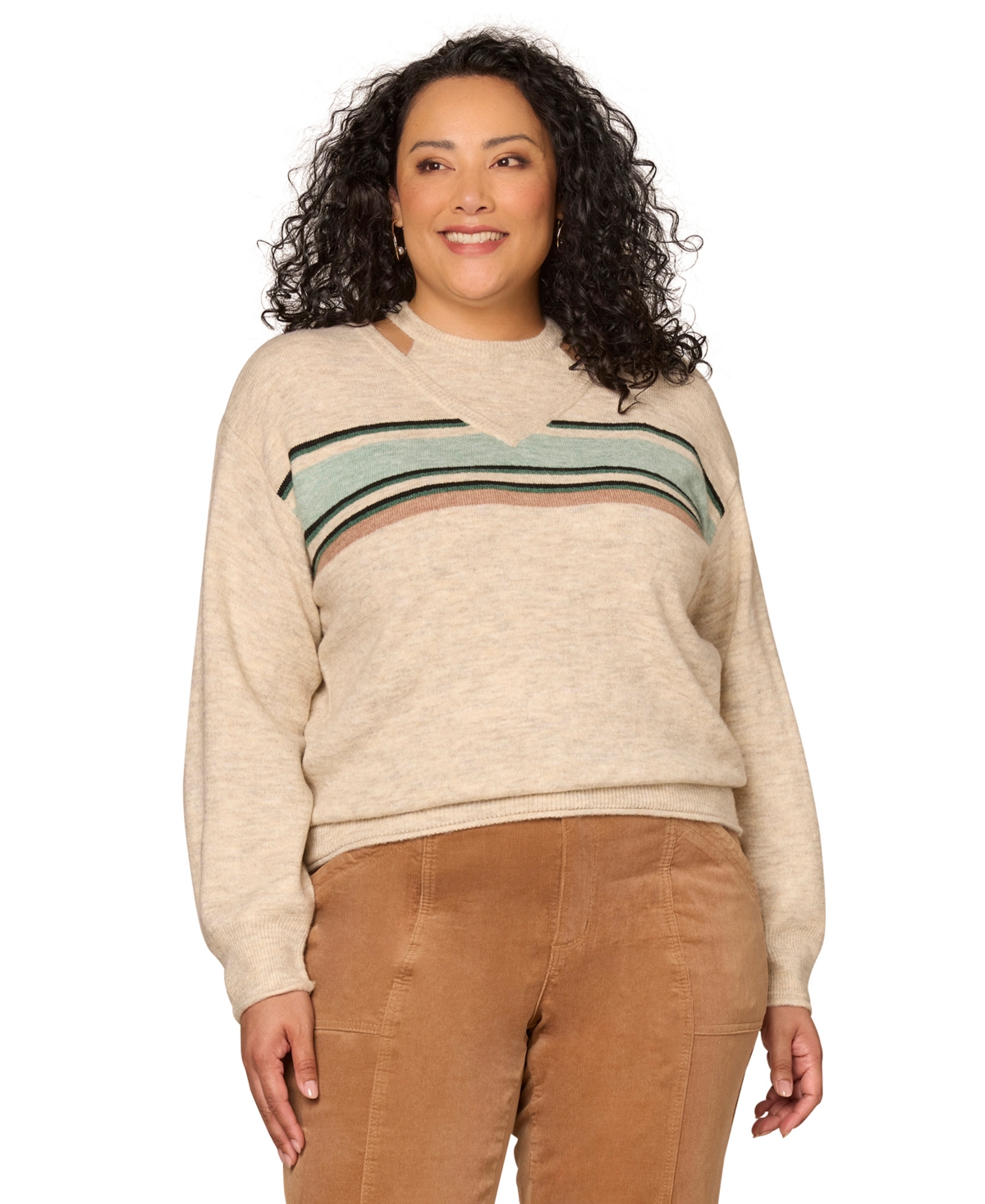 Click here for Democracy Plus Size Striped Band Detail V-Neck Swe... prices