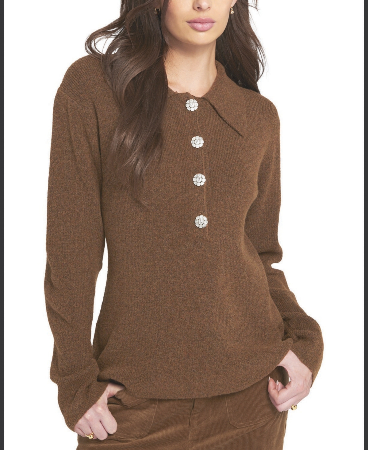 Click here for Elle Collection Womens Fuzzy Knit Jumper Henley Sw... prices