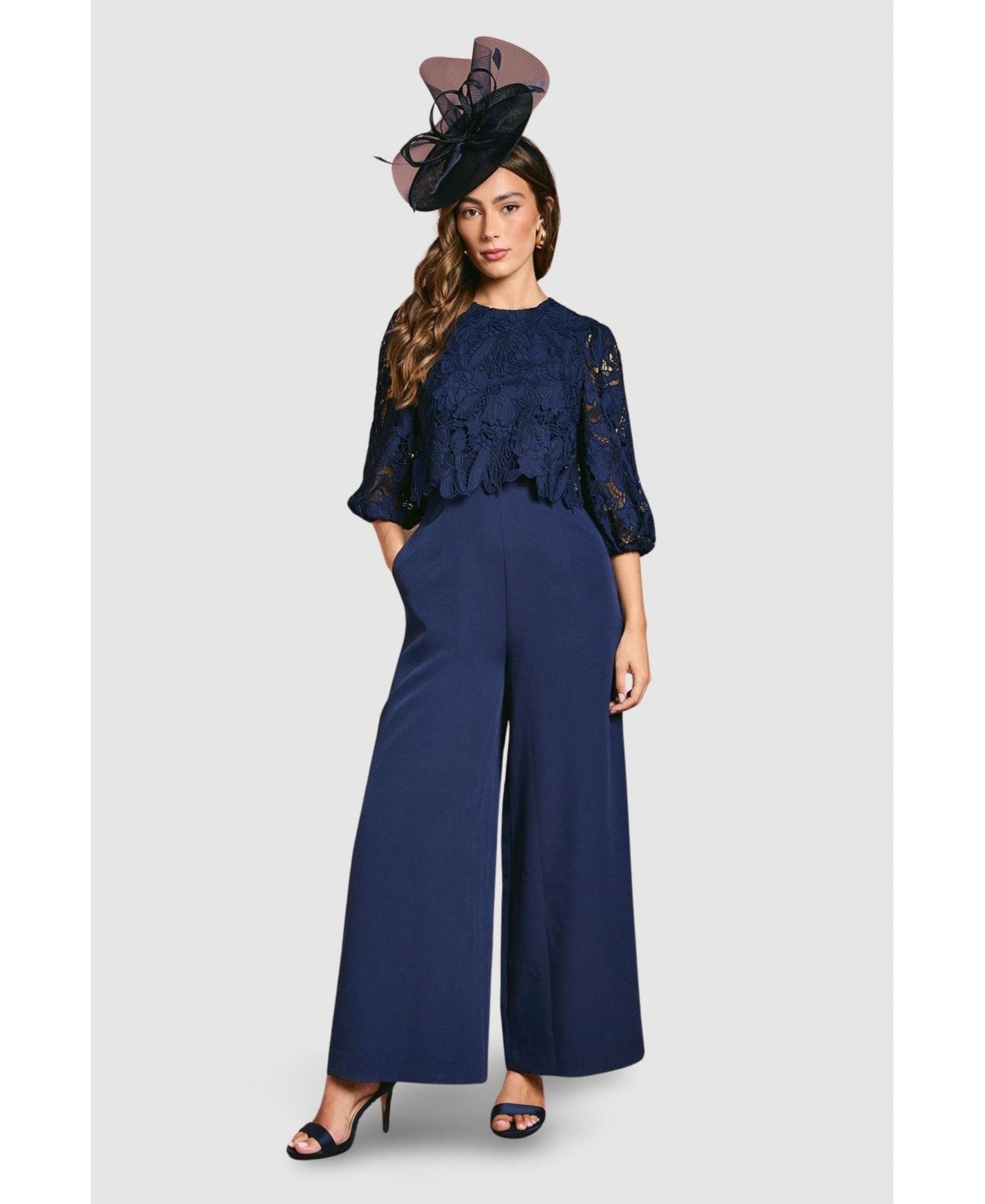 Click here for Coast Womens Lace Overlay Wide Leg Jumpsuit - Navy prices