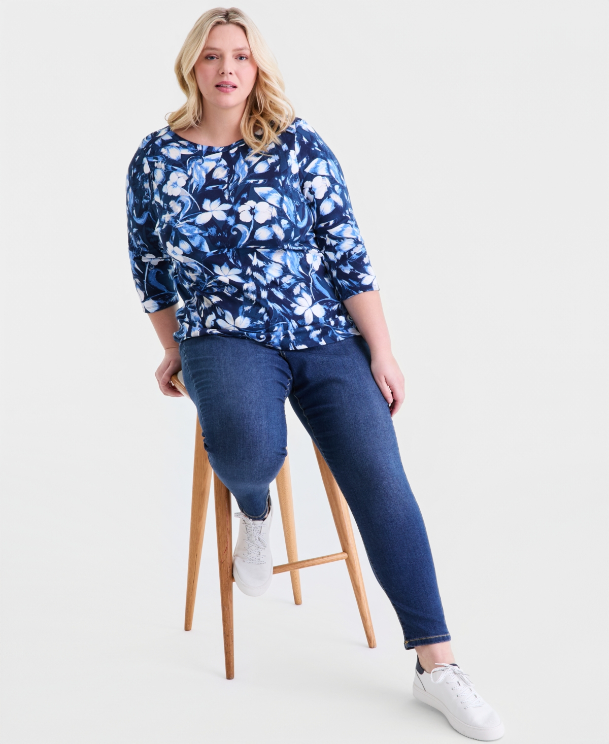 Click here for Style & Co Plus Size Printed Cotton 3/4-Sleeve Top... prices