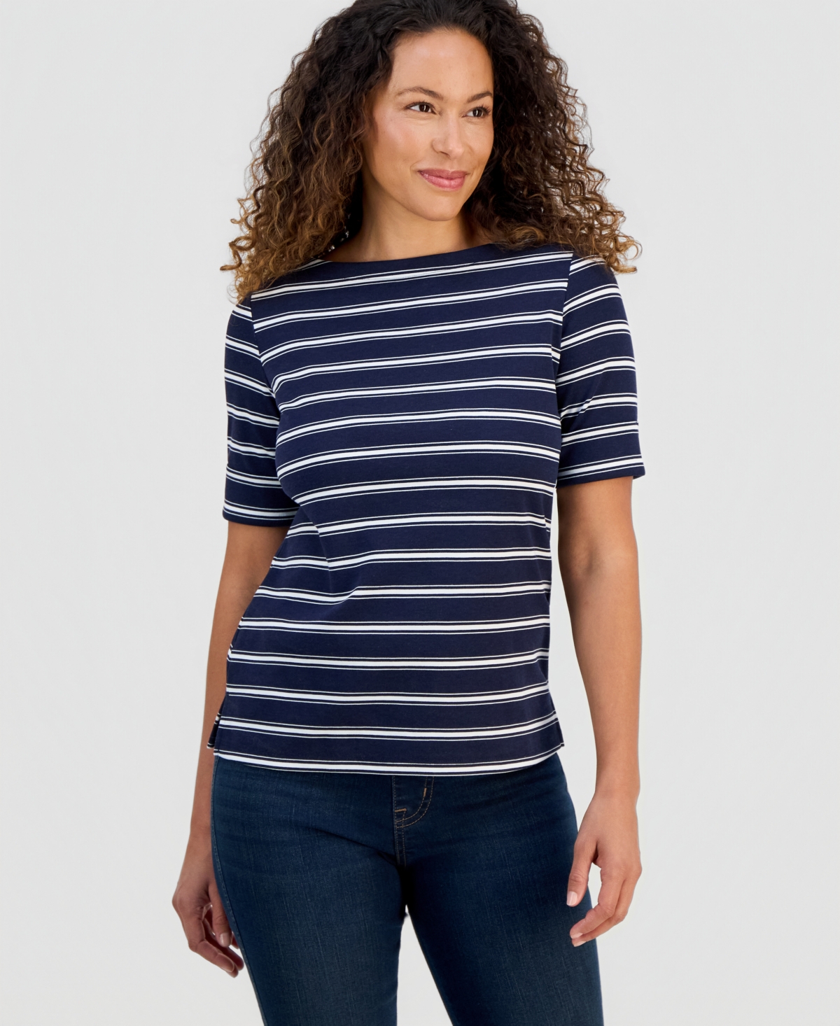 Click here for Style & Co Womens Printed Boat-Neck Elbow-Sleeve T... prices