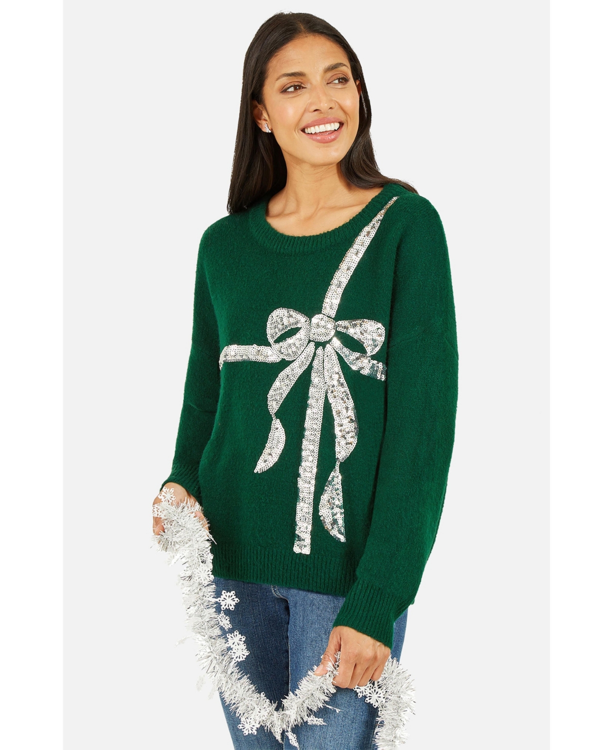 Click here for Yumi Womens Sequin Bow Knitted Sweater. - Green prices